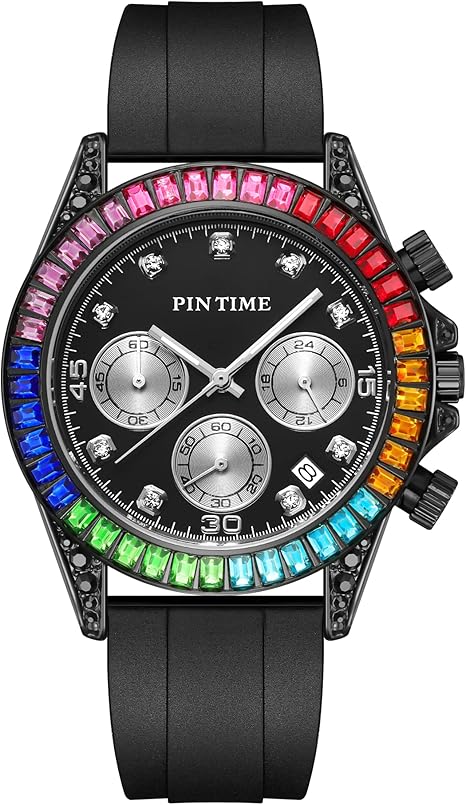 PINTIME Men's Chronograph Multifunction Fashion Watch Colorful Iced Men ...