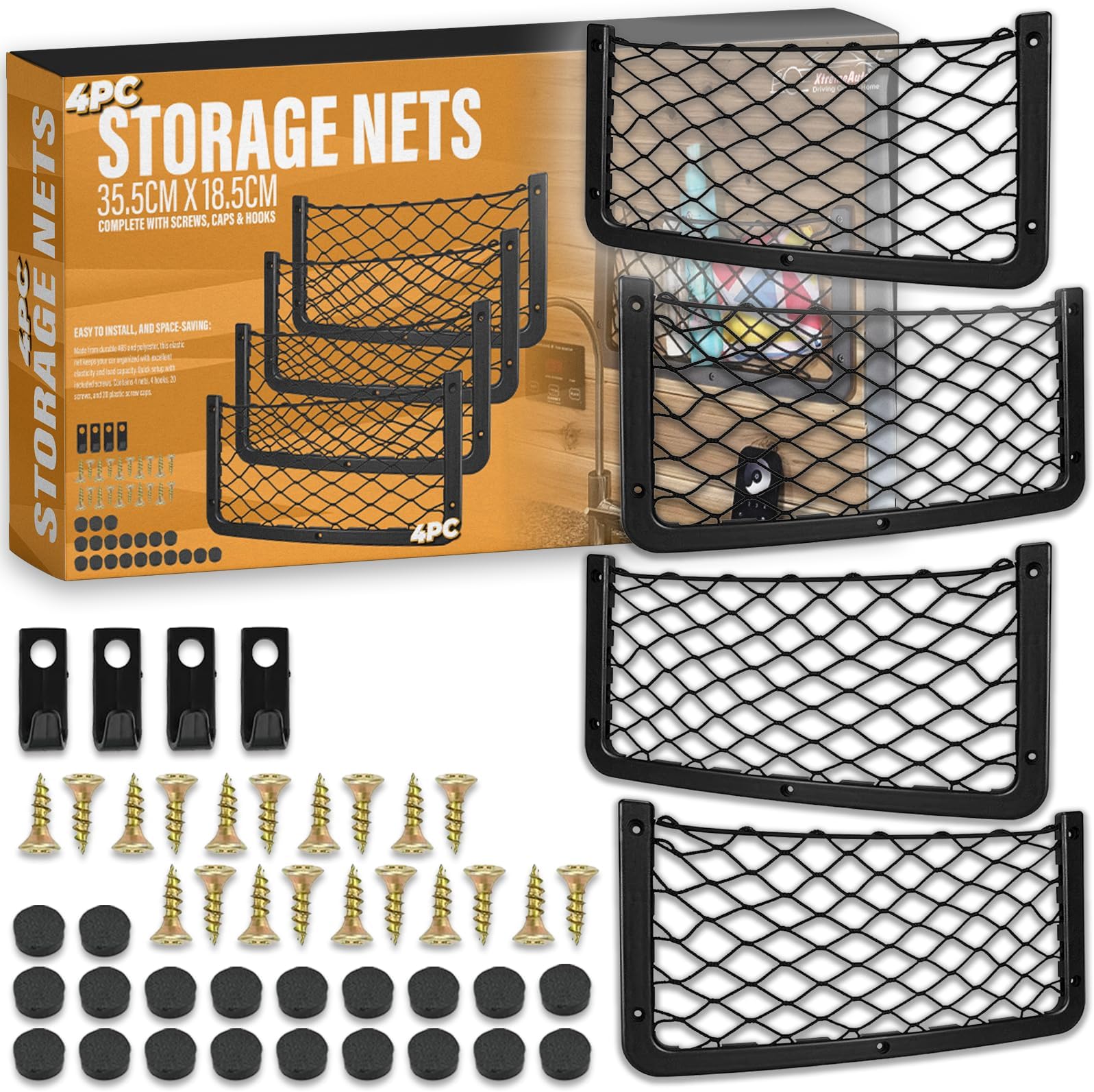 Xtremeauto Storage Nets 4pcs - Elastic Storage Bag Net Set With Plastic ...