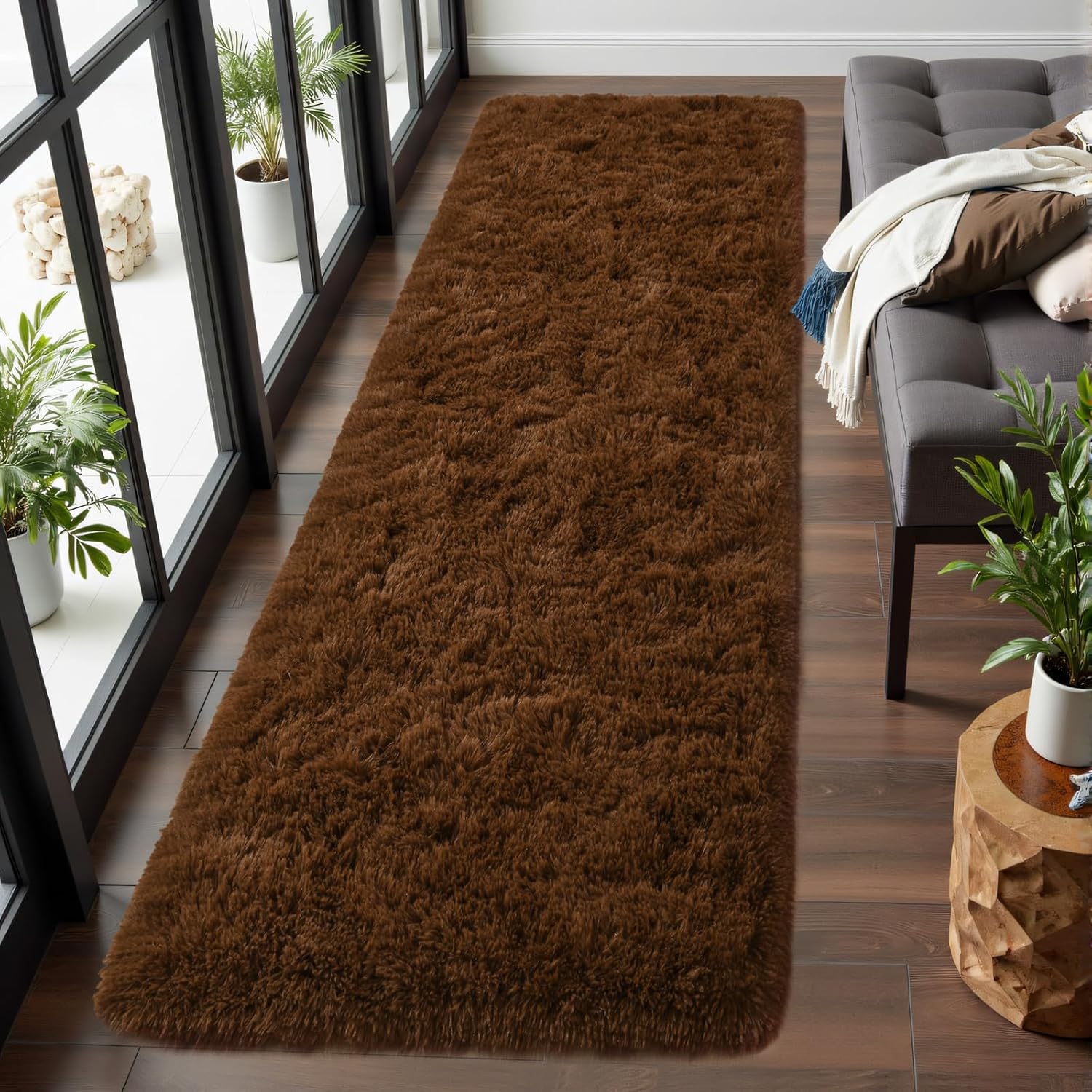Amazon.com: Macgace Fluffy Runner Rug, 2x6 Brown Washable Hallway Area ...