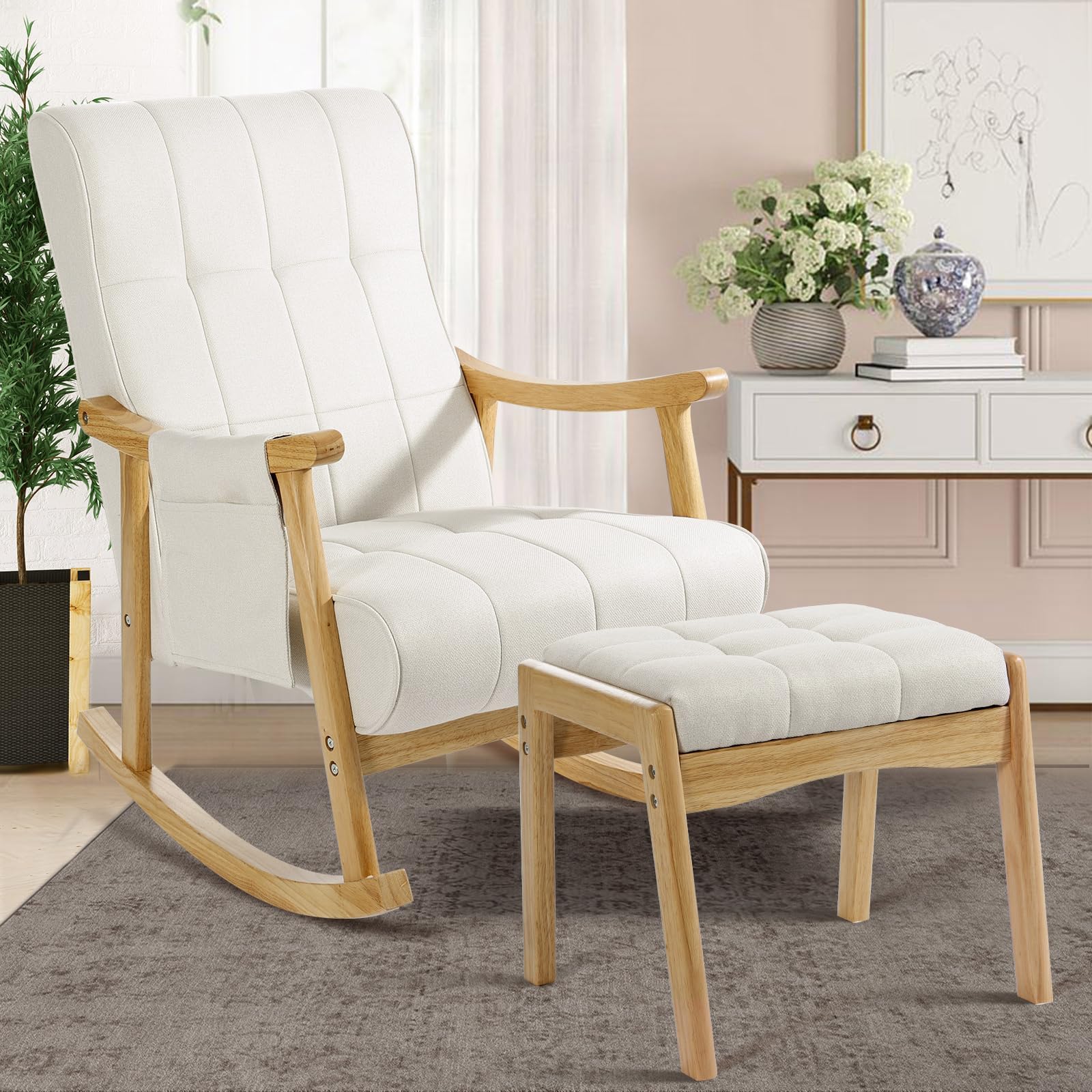 Amazon.com: NOBLEMOOD Upholstered Rocking Chair with Ottoman, Modern ...