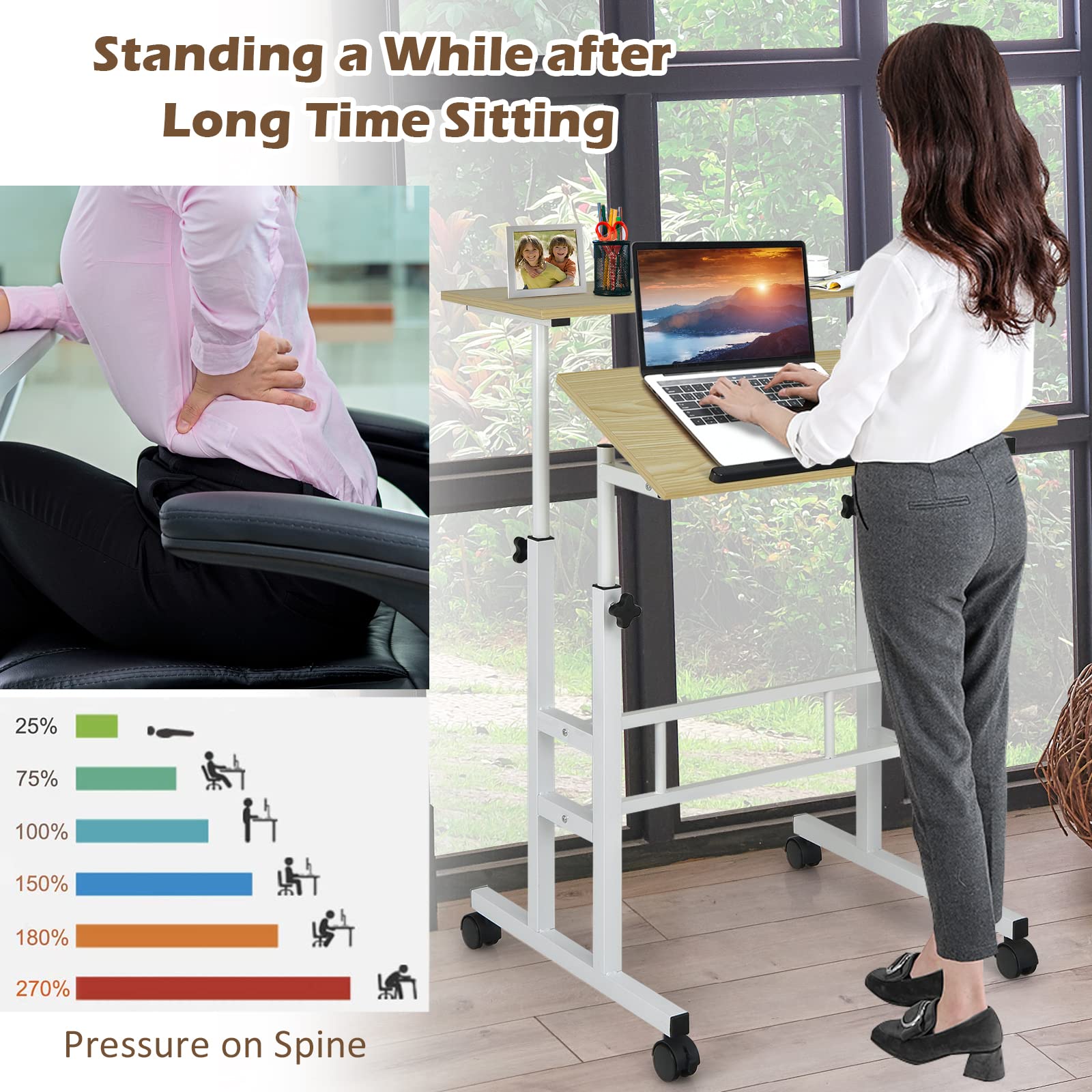 Large Rolling Computer Desk 2 Tier Adjustable Standing Desk Rolling