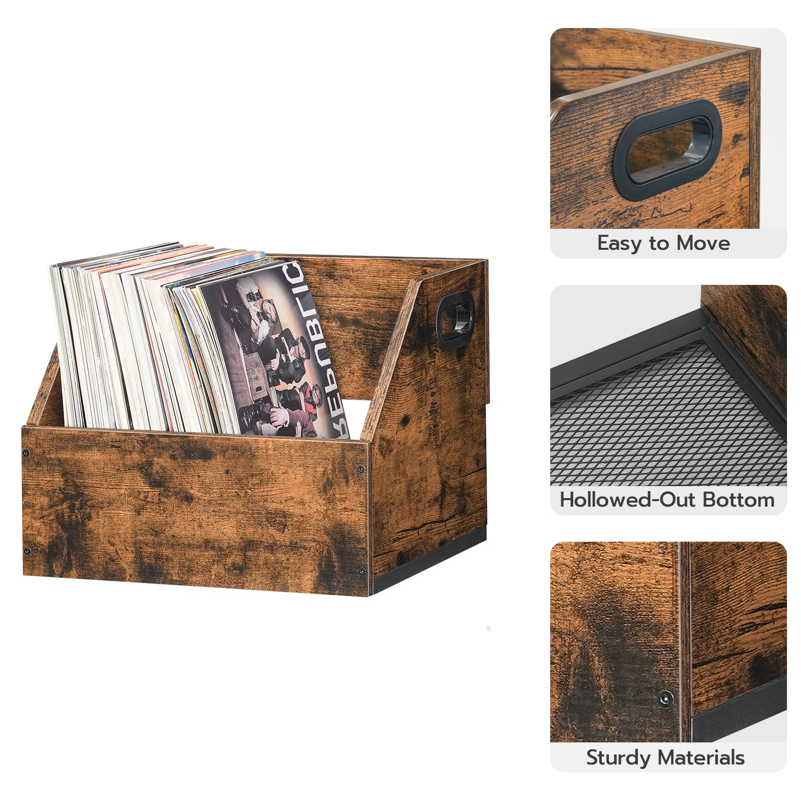 HOOBRO Vinyl Record Storage Crate, Record Holder, Wooden & Metal LP ...