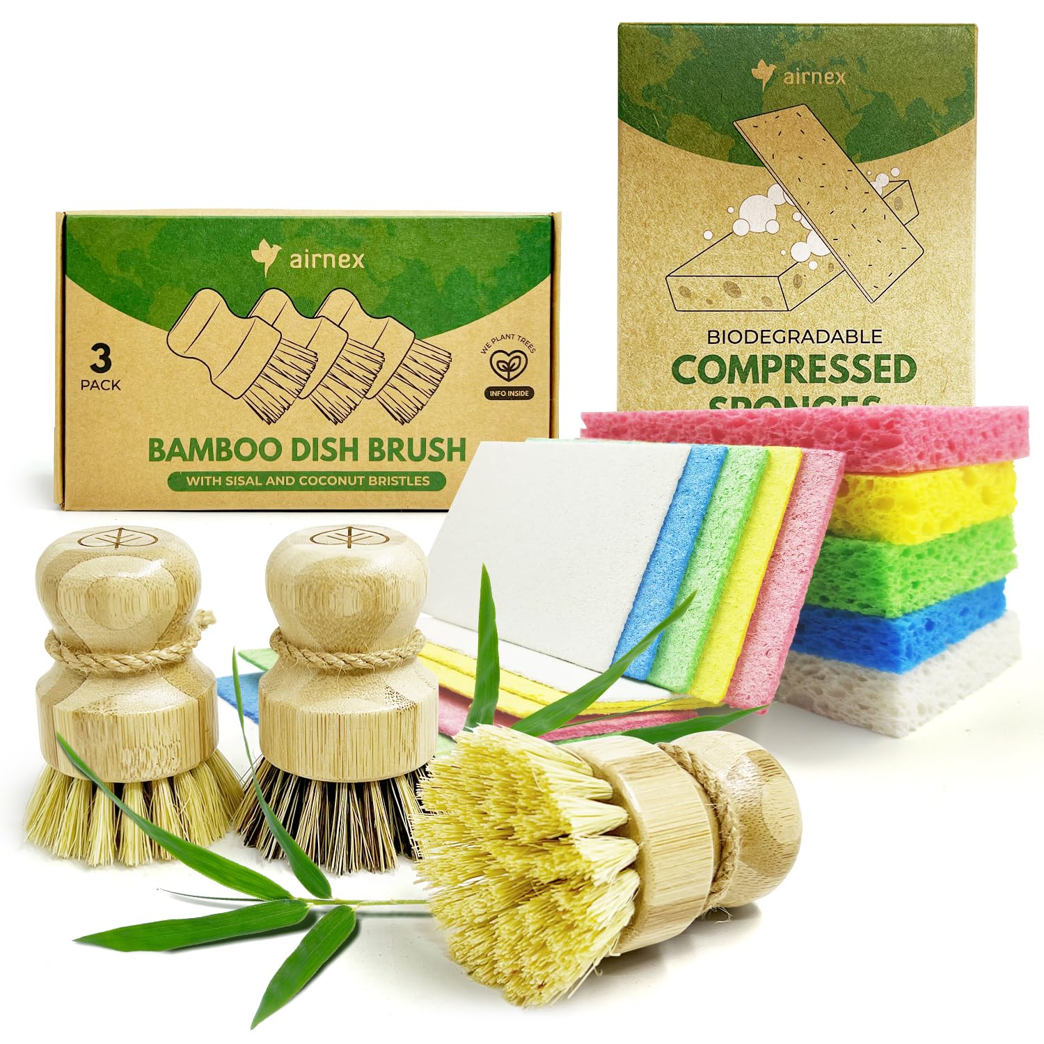 Amazon.com: Bamboo Dish Brush Set of 3 and Biodegradable Cellulose ...