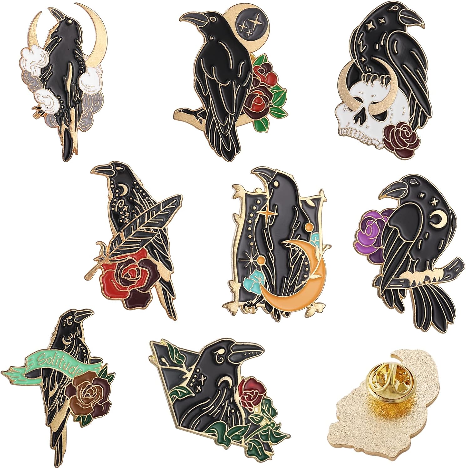 Lusofie 8 Pieces Black Crow Enamel Pins Set, Halloween Pins Art Rose ...