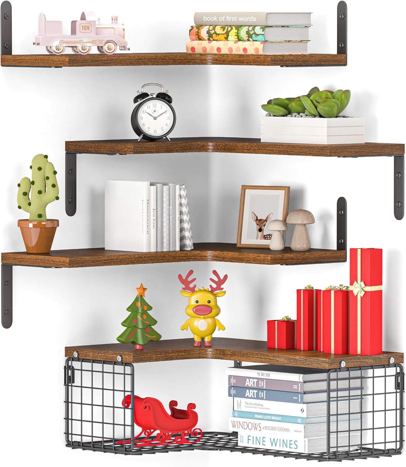 Amazon.com: Zincify 4+1 Floating Corner Shelves with Wire Storage ...