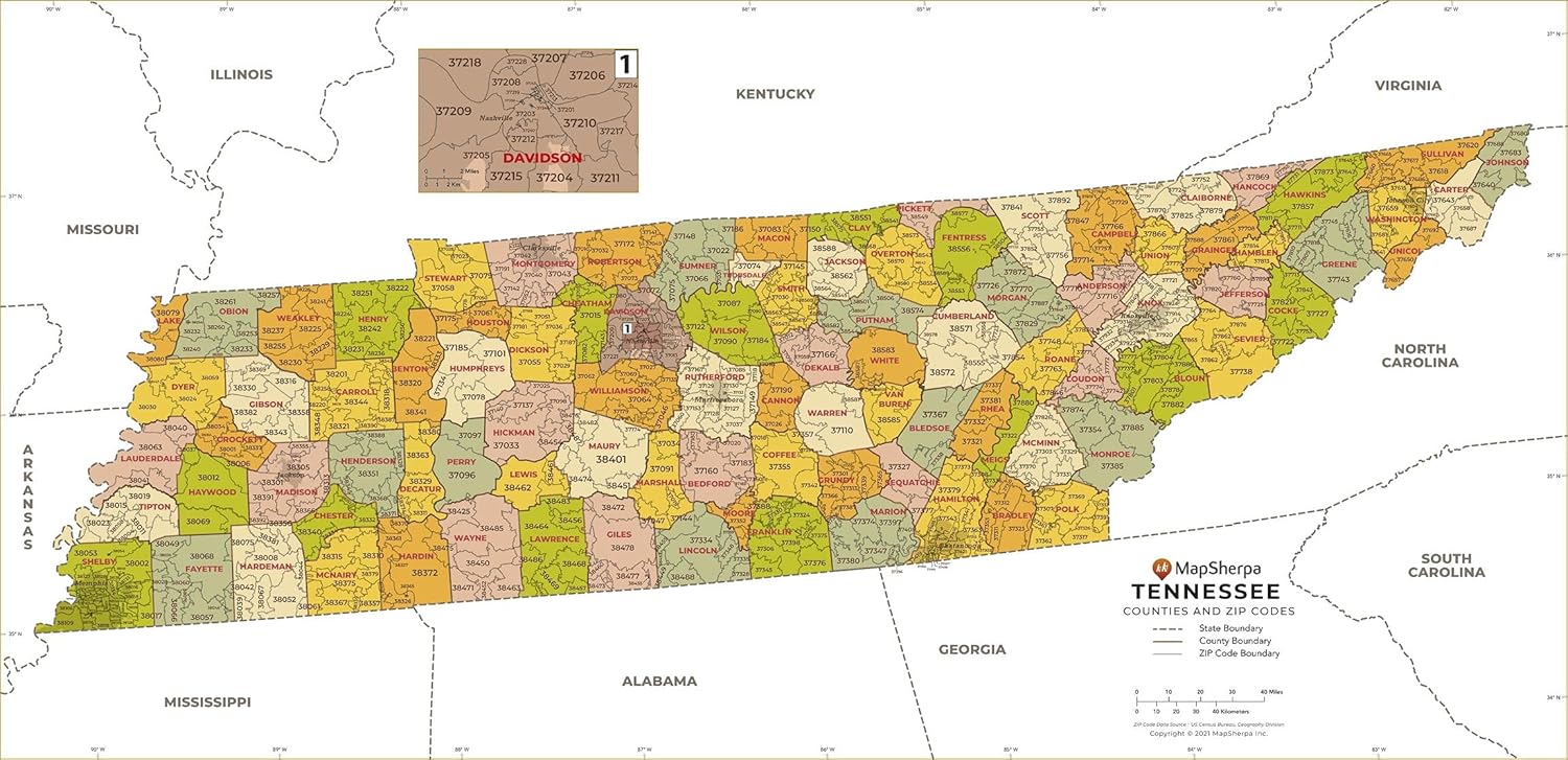 Amazon.com : Tennessee ZIP Code Map with Counties - Large - 48" x 23.5 ...