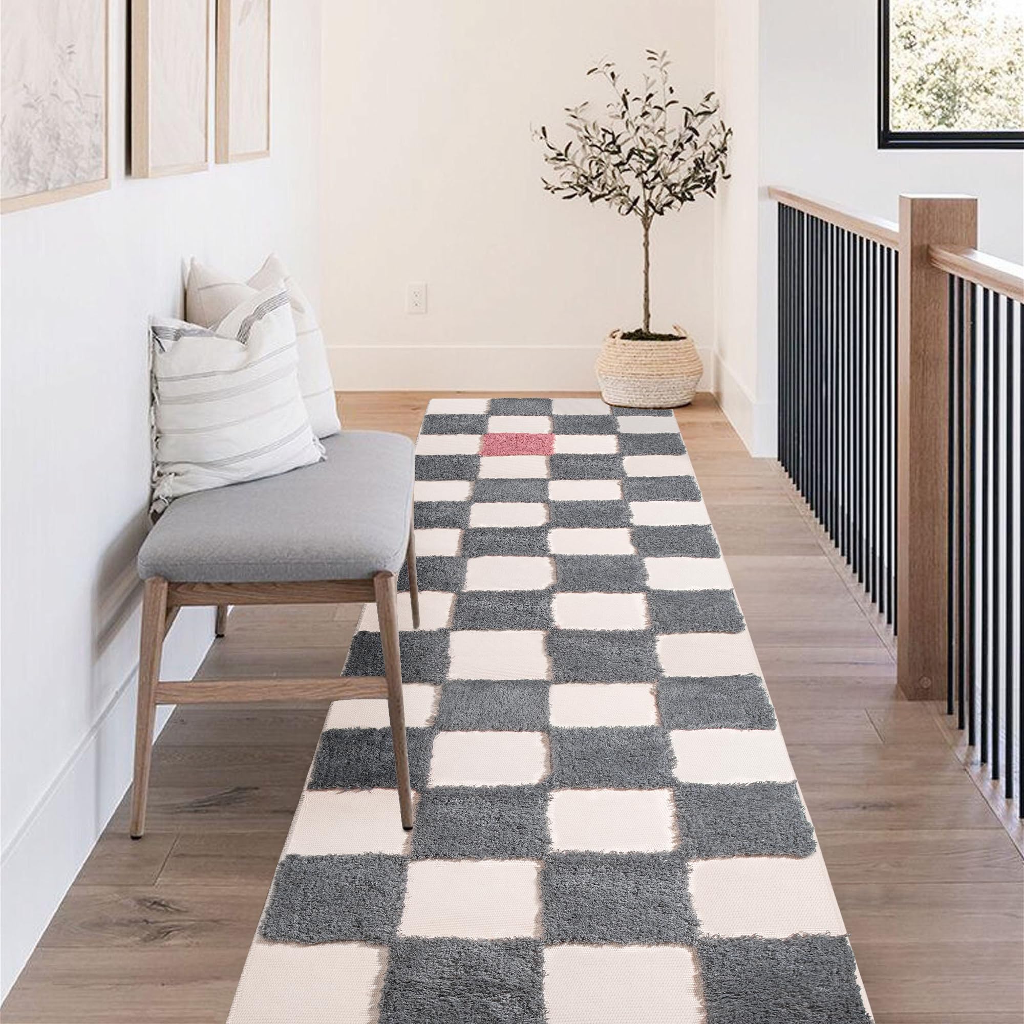 Boho Kitchen Runner,2'x6' Checkered Hallway Runner Woven Tufted ...