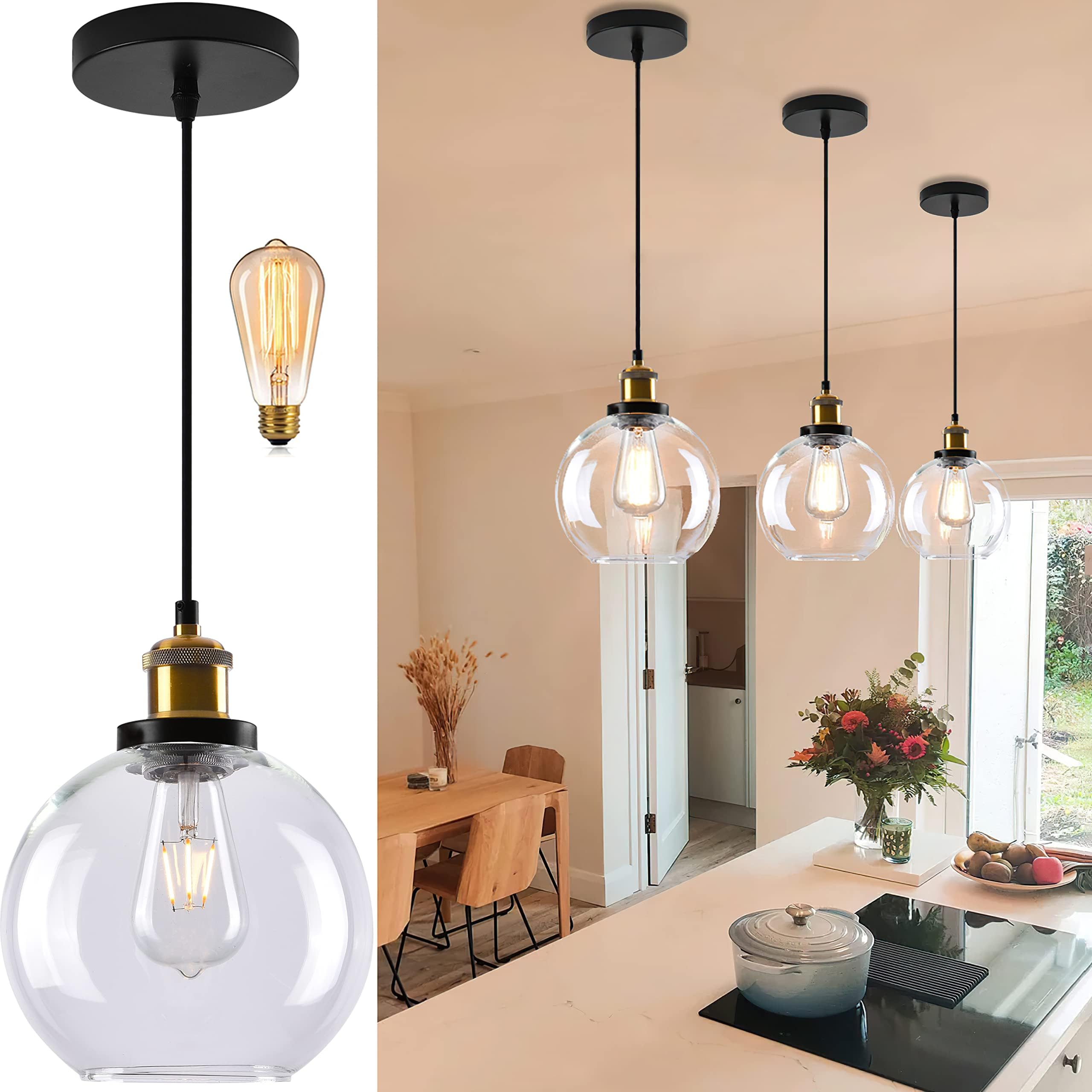 Bagood Glass Pendant Light Clear Glass Pendant Lights Kitchen Island ...