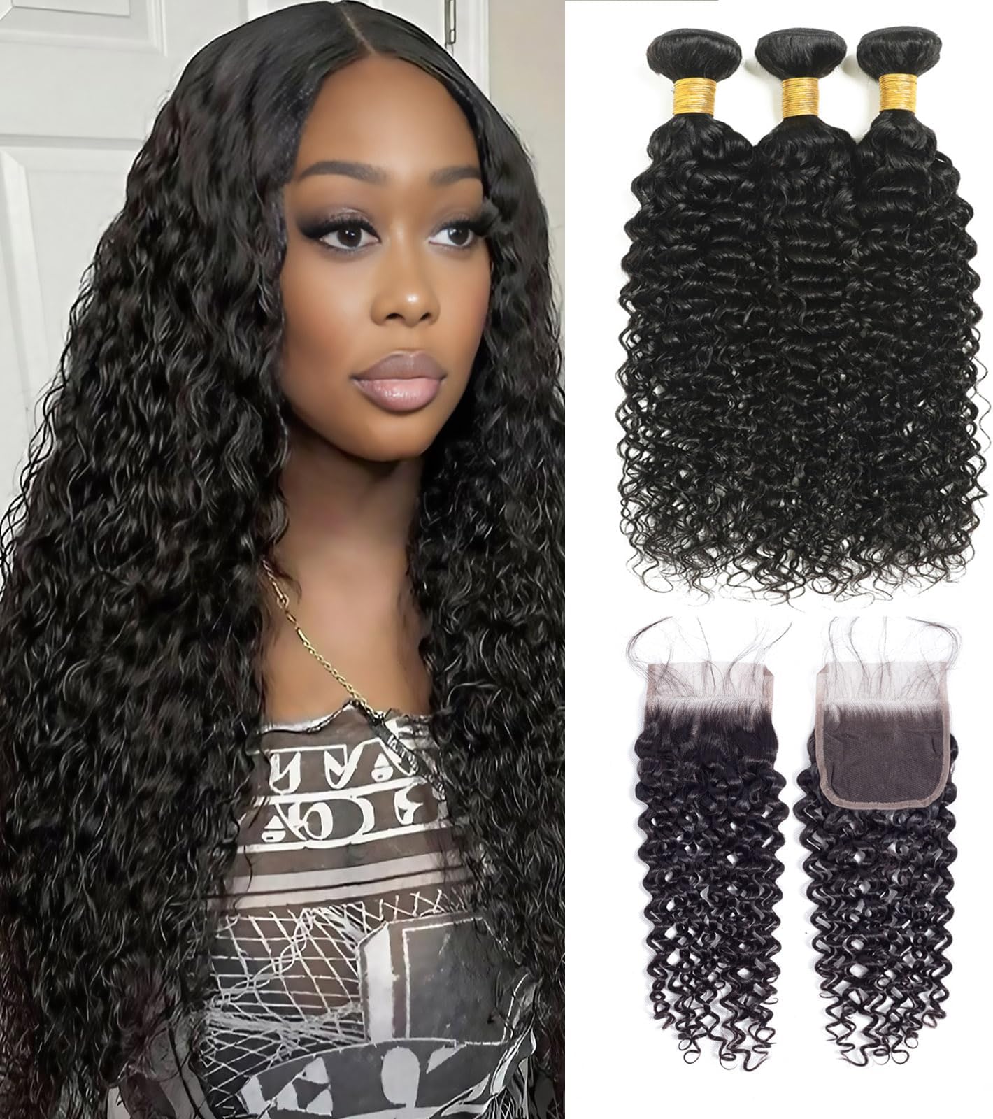 Amazon.com: Water Wave Bundles with Closure Human Hair Wet and Wavy 100 ...