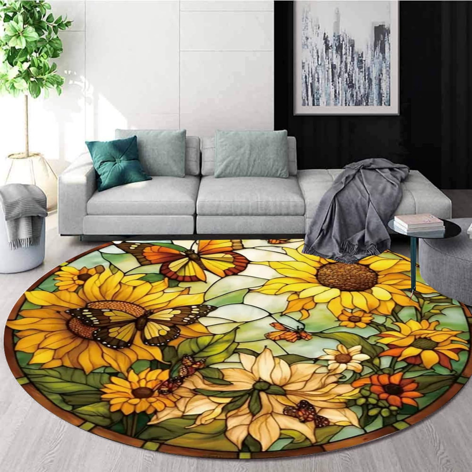 Amazon.com: LHOMKCV Vintage Sunflower Round Area Rug,7ft, Yellow ...