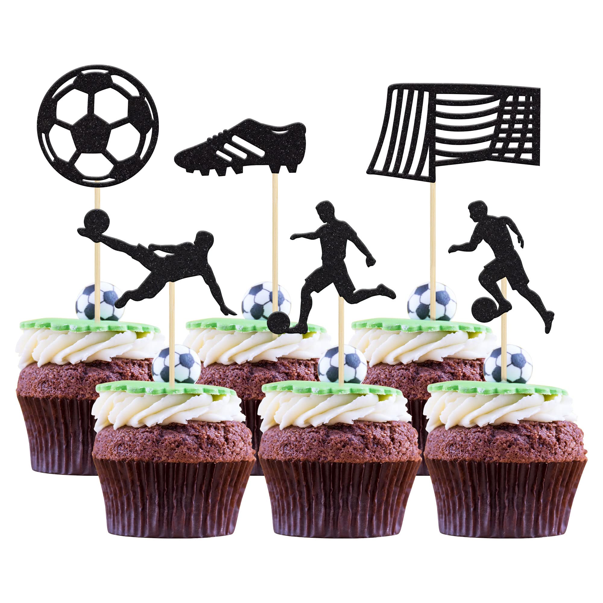 Gyufise 24Pcs Soccer Cupcake Toppers Black Glitter Sports Theme ...