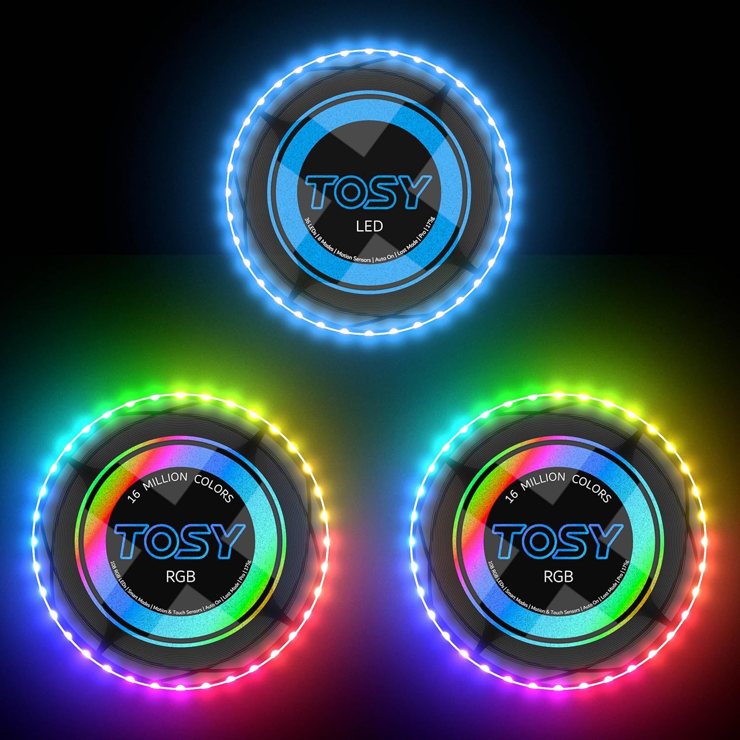 Amazon.com : TOSY Bundle of 3-2X RGB Black + Blue - Frisbee 108 LEDs ...