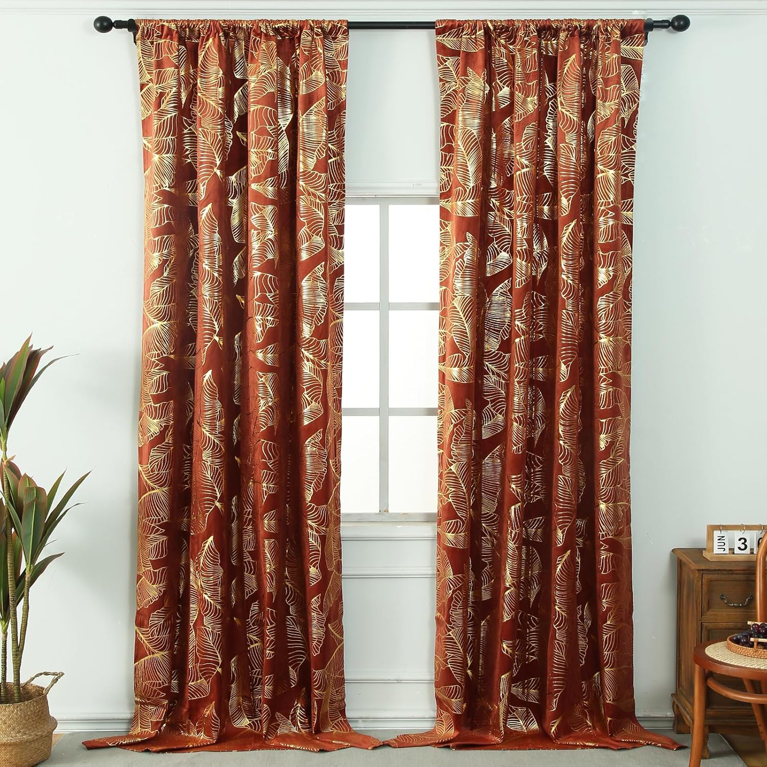 Amazon.com: Tootop Burnt Orange Velvet Curtains Leaf Gold Foil Print 84 ...