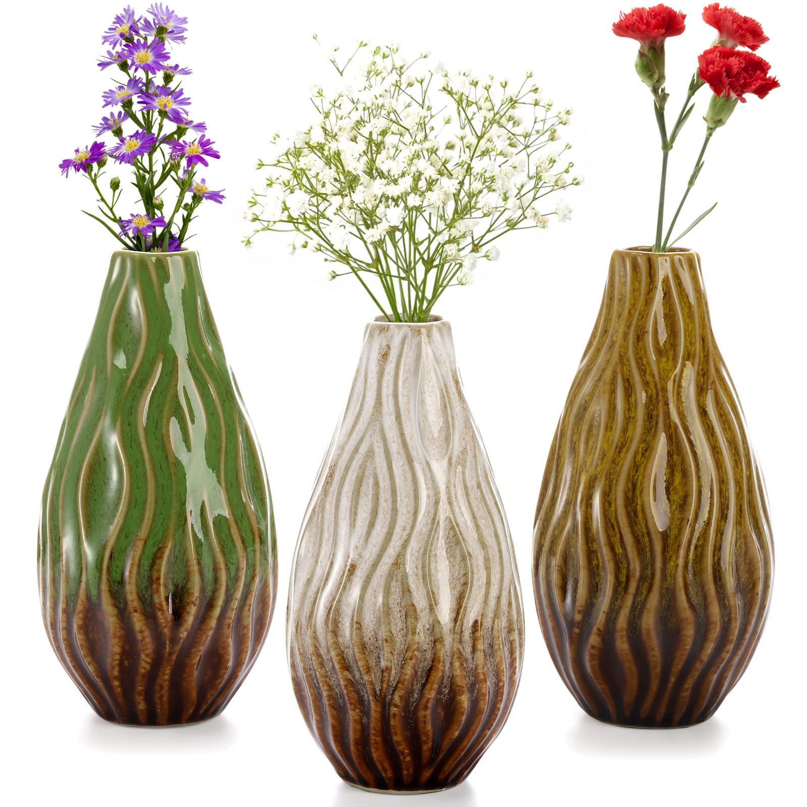 Lawei Ceramic Vases Set of 3, Rustic Fambe Glaze Porcelain Flower Vases ...