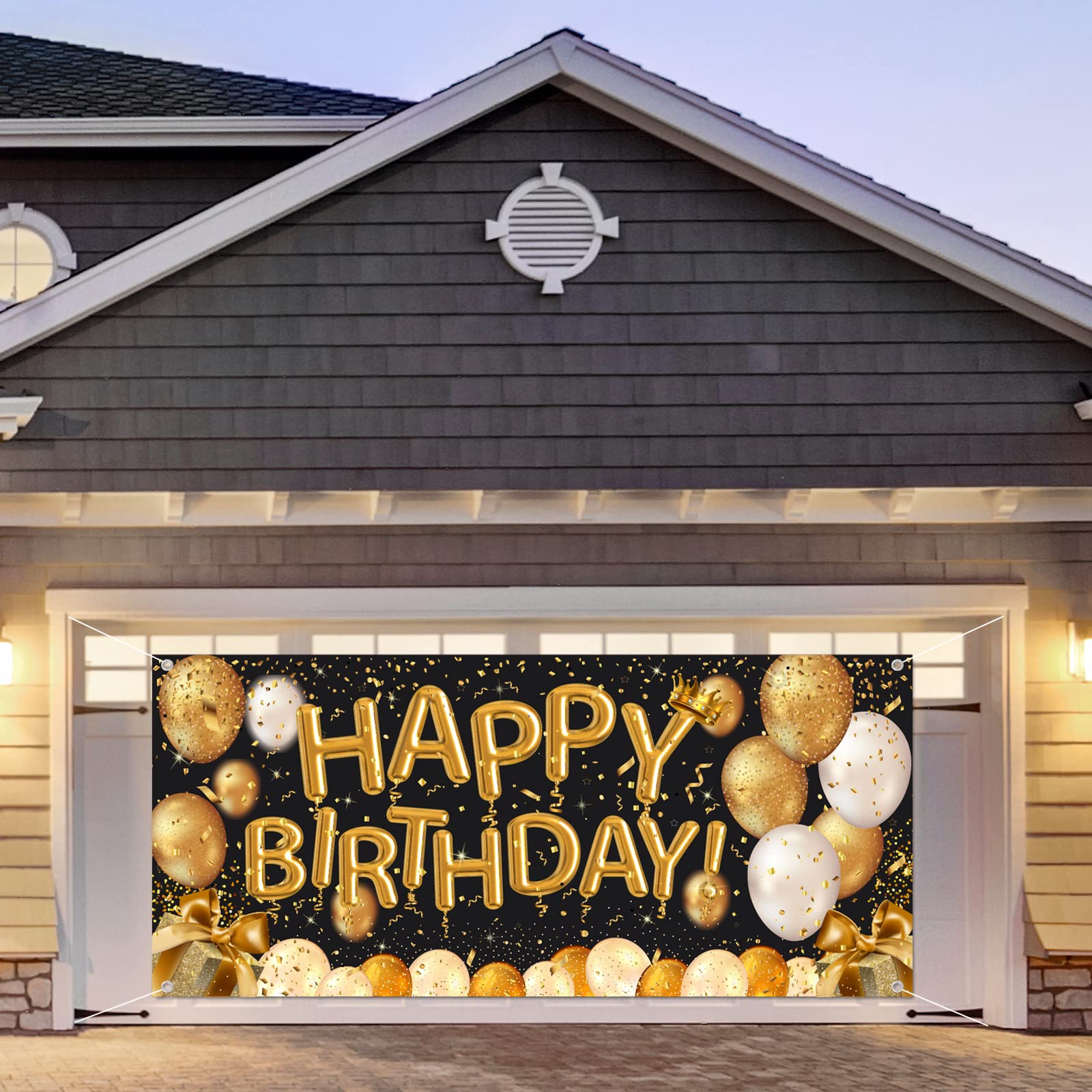Garage Door Banner Hanging Kit Garage Doors 8'x7 Black Gold Happy ...