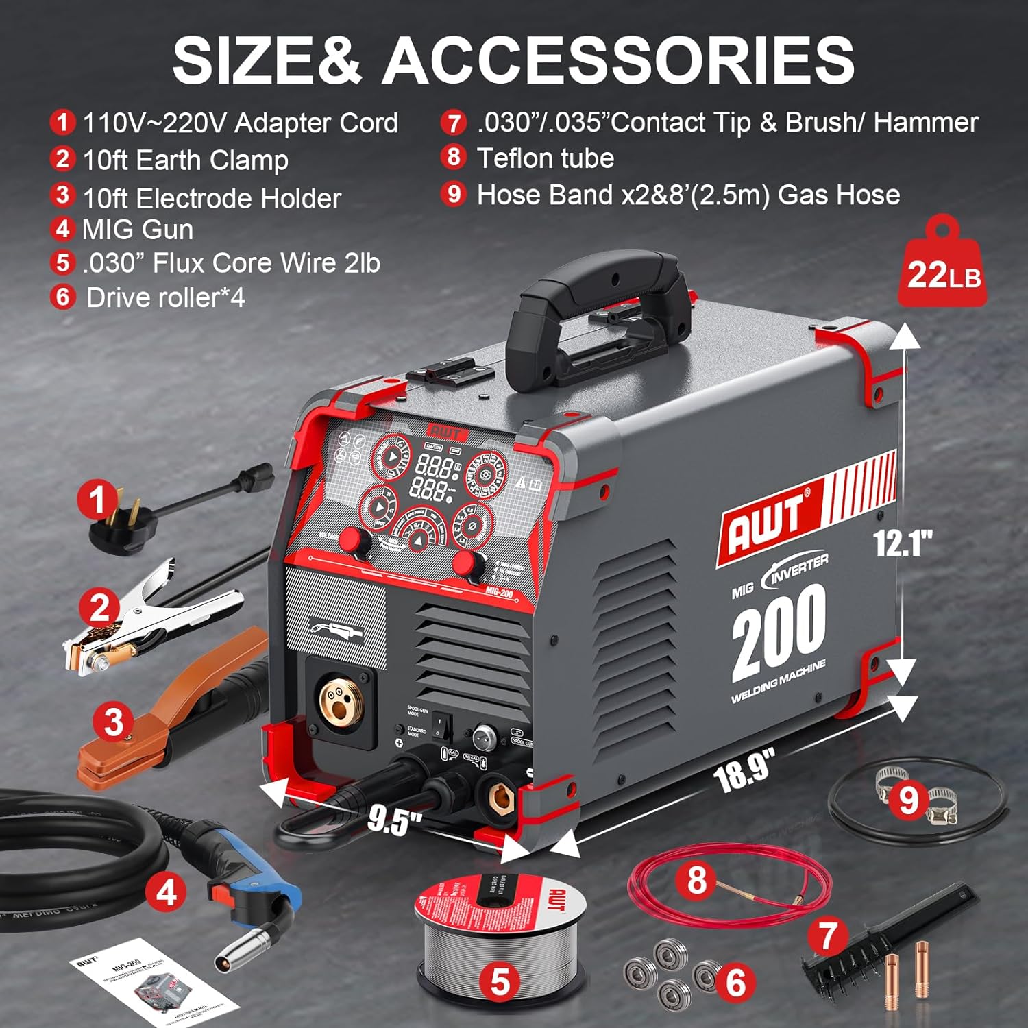 AWT MIG Welder, 200Amp 8 in 1 Gas MIG/Gasless Flux Core MIG/Stick/Lift ...