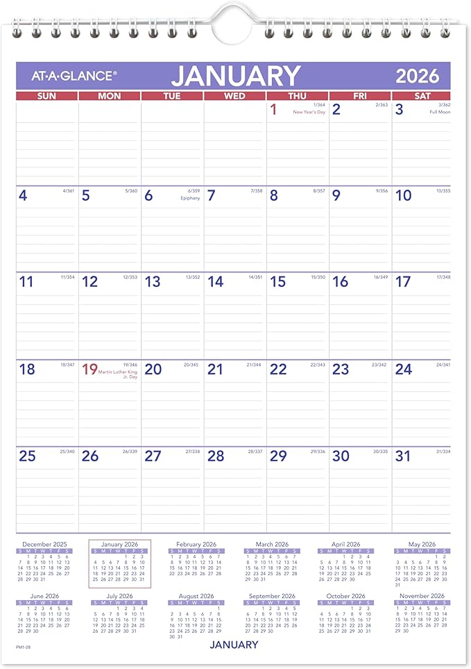 AT-A-GLANCE 2026 Wall Calendar, 8" x 11", Small, Ruled Blocks (PM12826 ...