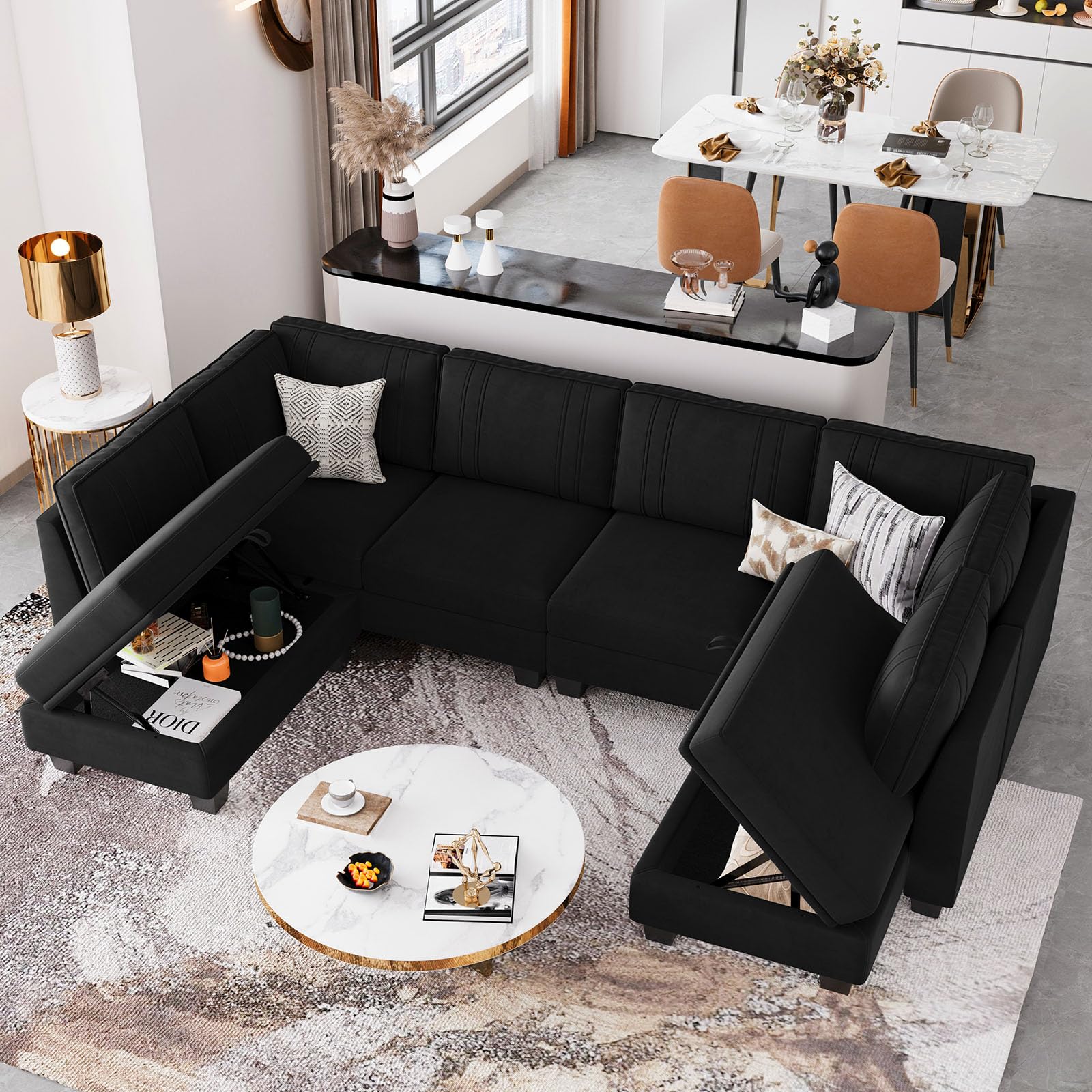 Belffin Velvet Black Sectional Sofa with Storage Chaise U Shaped Sofa ...
