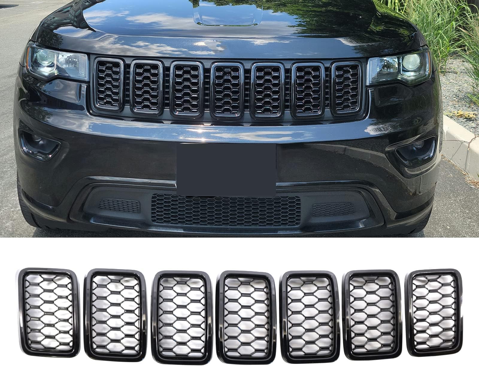 KYYET 7PCS Gloss Black Honeycomb Mesh Front Grill Inserts Trim Rings ...