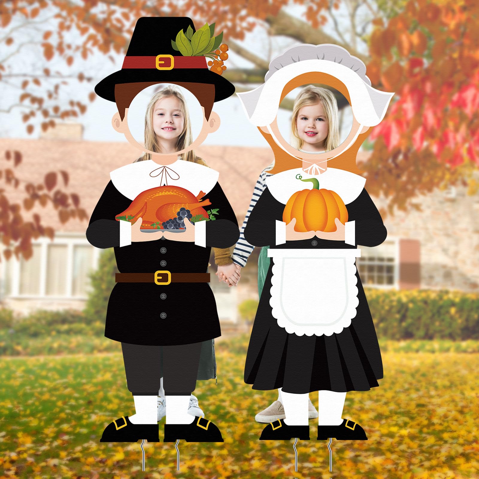 Soaoo 2 Pcs Thanksgiving Pilgrim Boy and Girl Yard Sign Thanksgiving ...