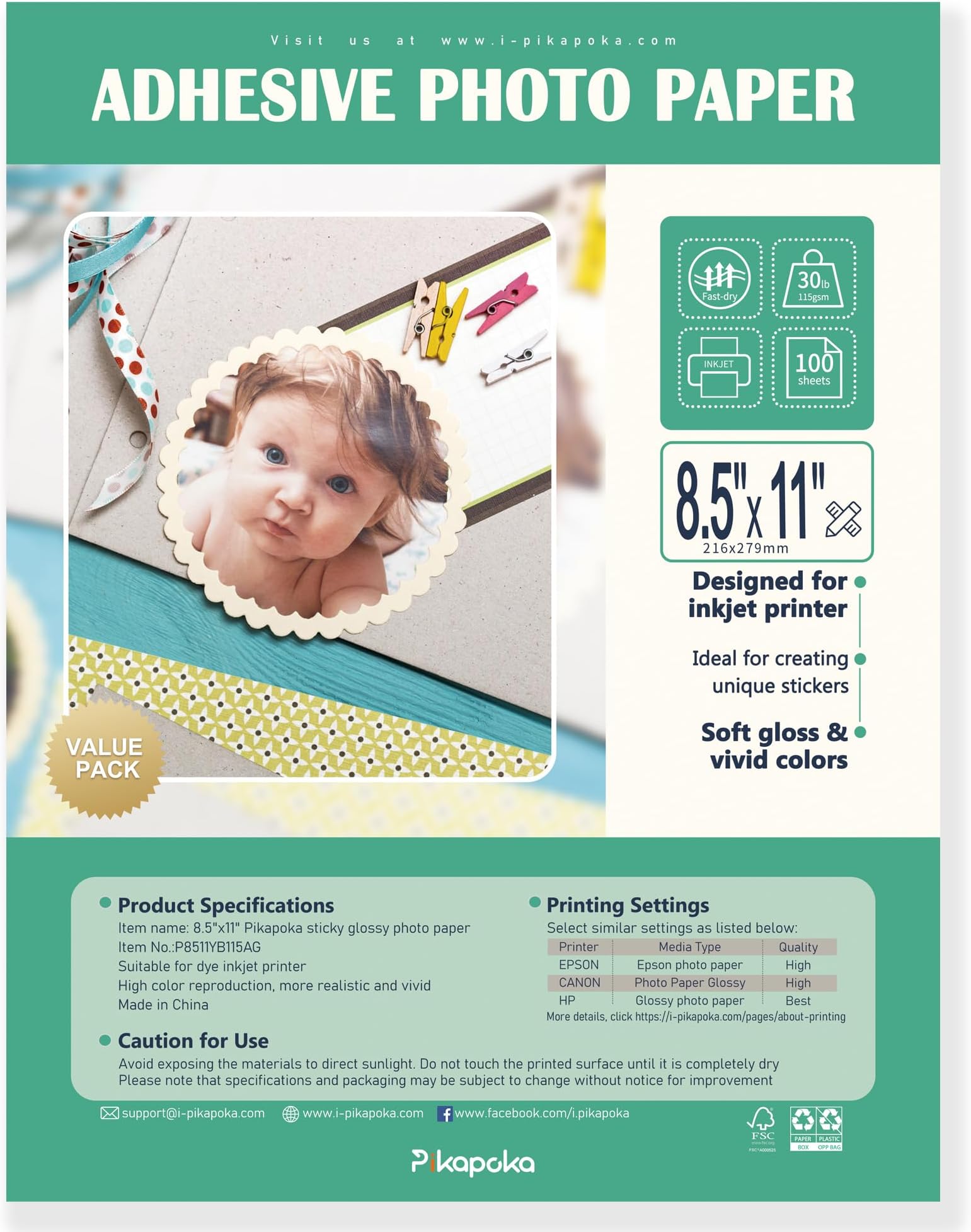 Amazon.com : Pikapoka 8.5x11 Self Adhesive Photo Paper, Glossy Photo ...