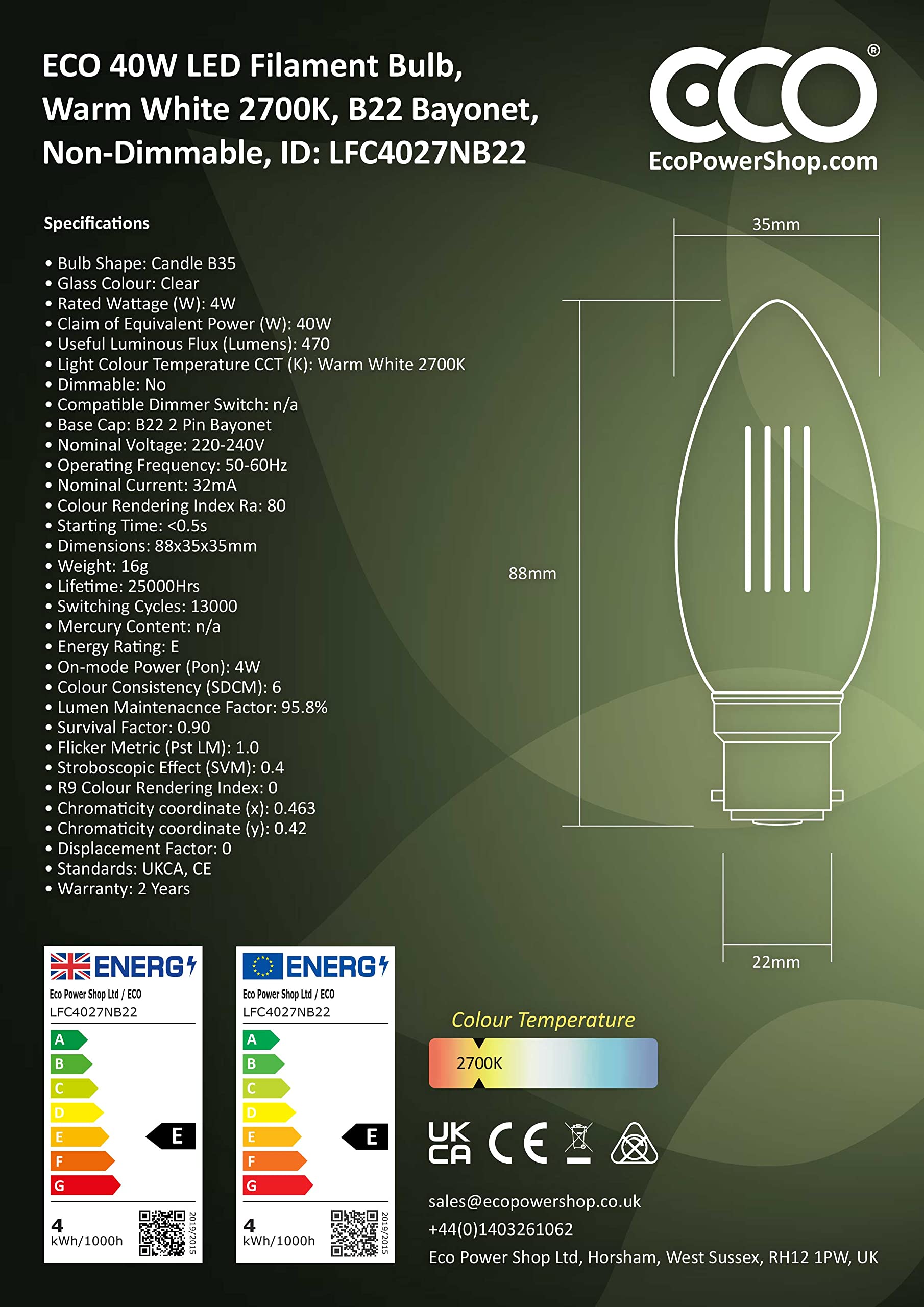 ECO 40W Equivalent Energy Saving LED Candle Light Bulb, Low Power 4W ...