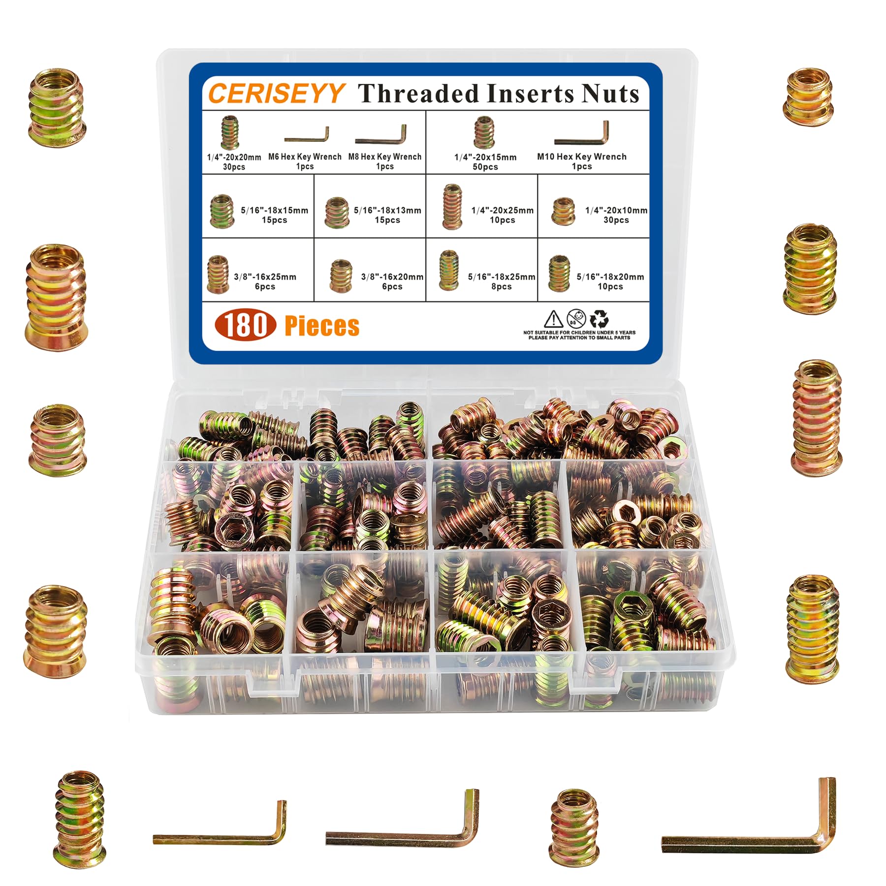 180 PCS Threaded Inserts Nuts for Wood,10 Sizes,1/4"-20, 5/16"-18, 3/8 ...