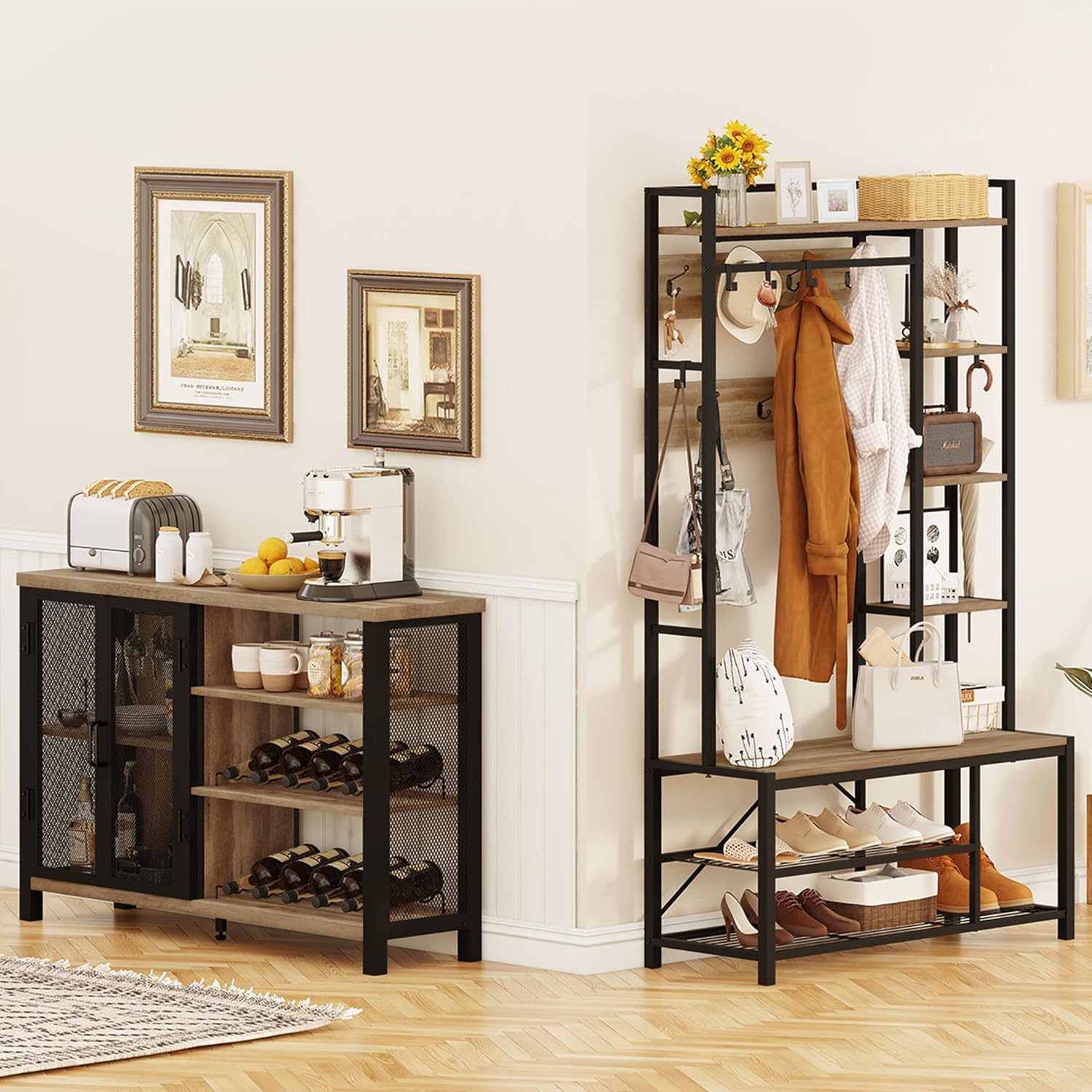 Amazon.com: BON AUGURE Farmhouse Coffee Bar Cabinet with 5 Tier Hall ...