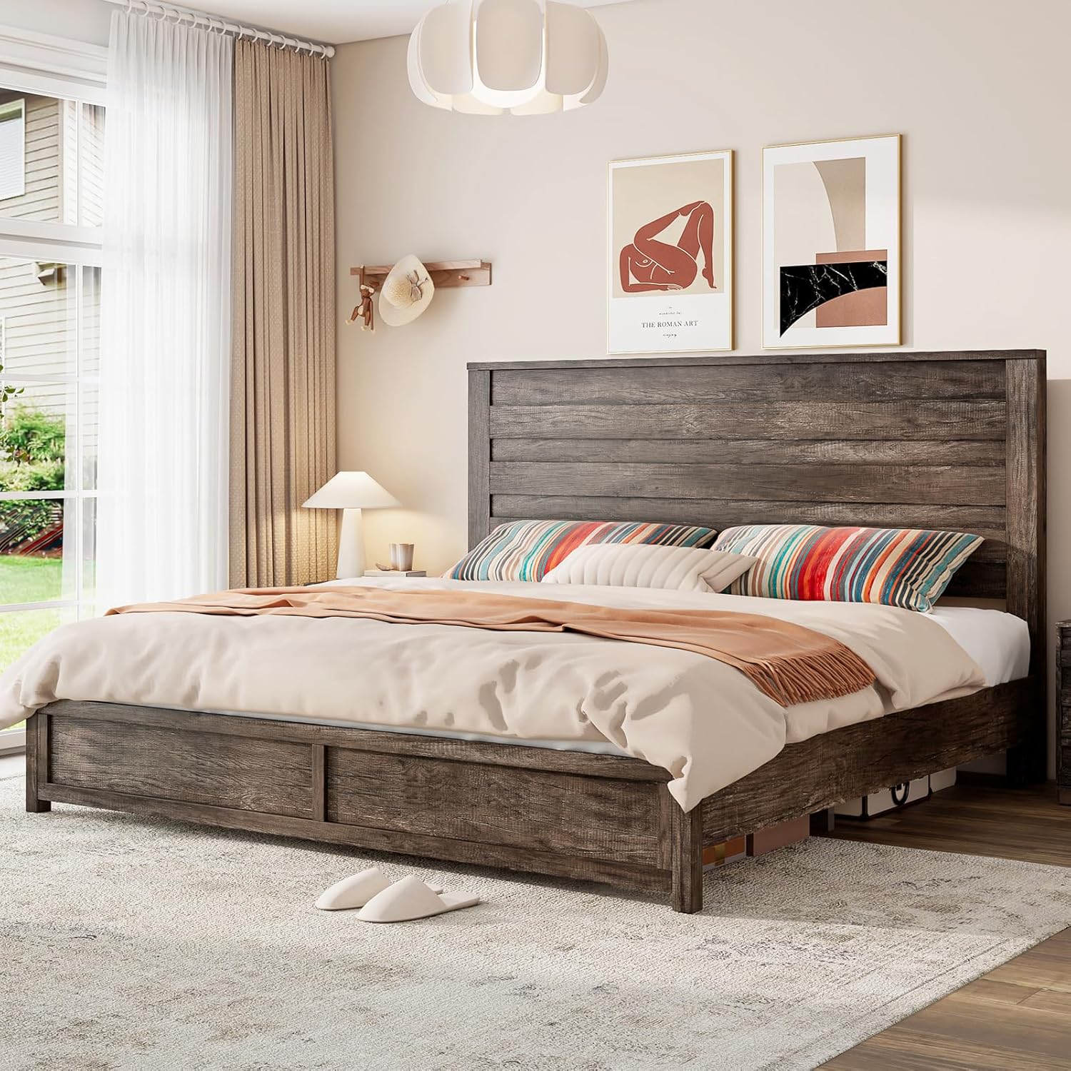 Amazon.com: LUXOAK Farmhouse King Beds with 49" Tall Headboard, Wooden ...
