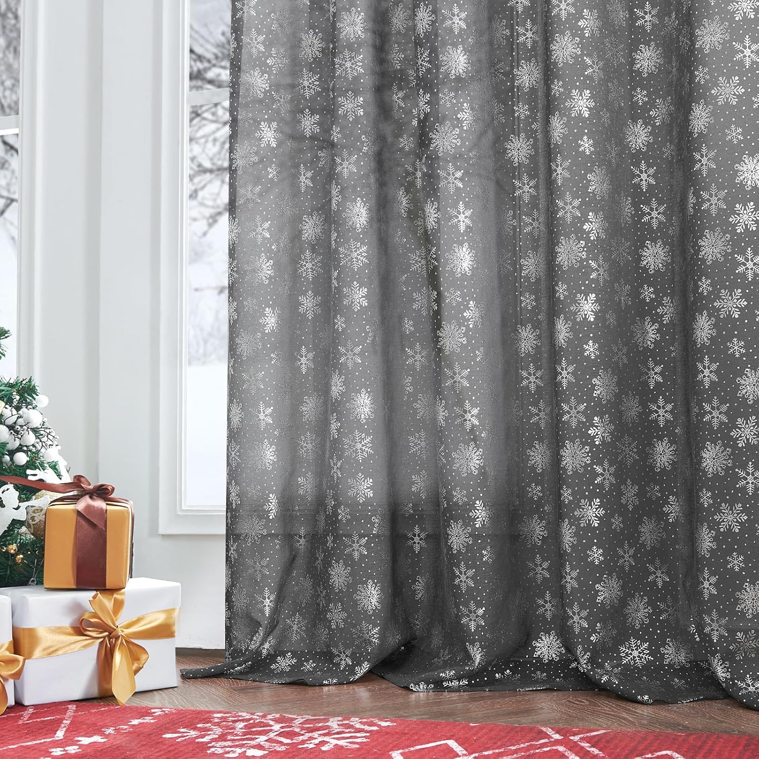 jinchan Silver Sheer Curtains Snowflake Christmas Curtains for Living ...