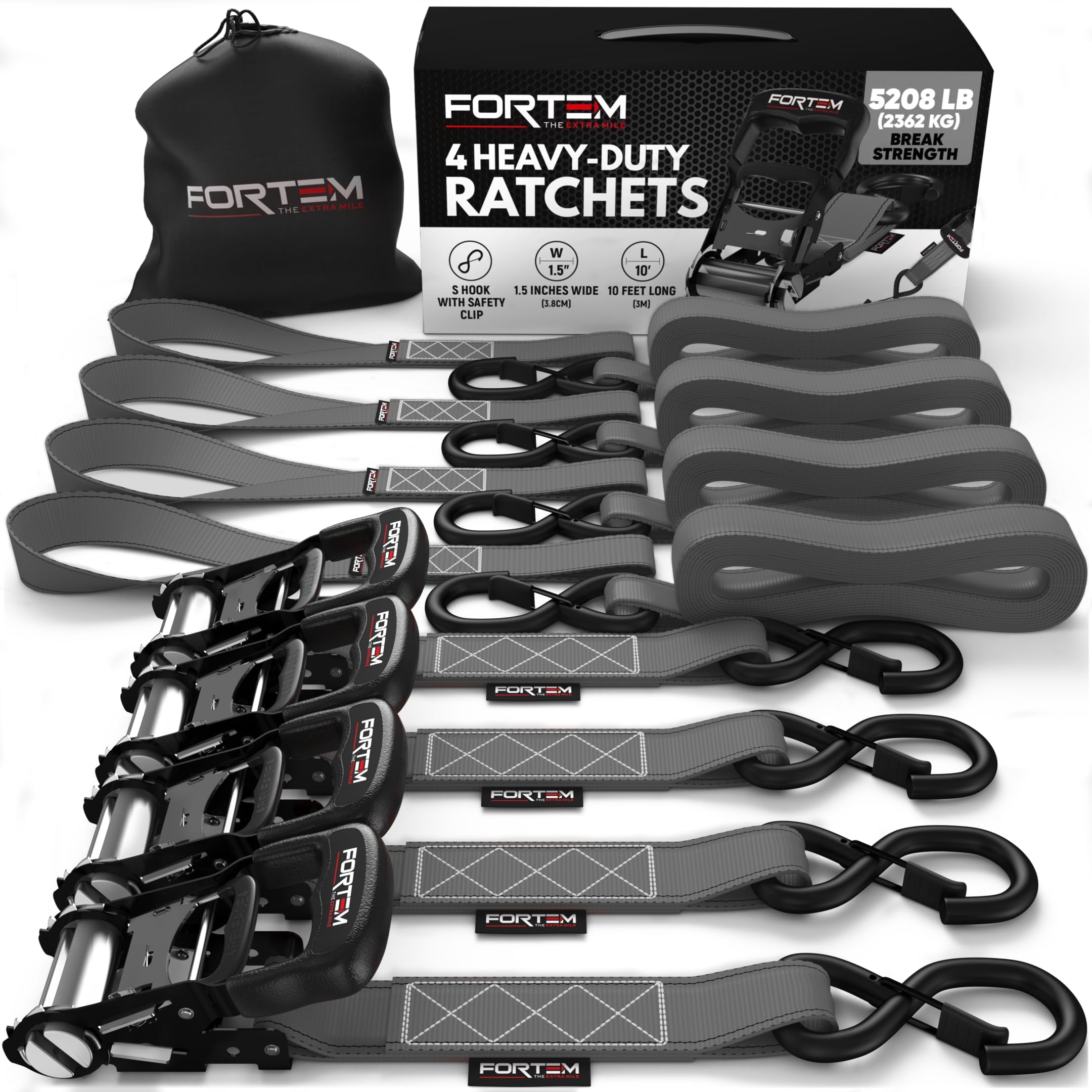 Amazon.com: FORTEM Ratchet Tie Down Straps, 5208lb Break Strength, (4 ...