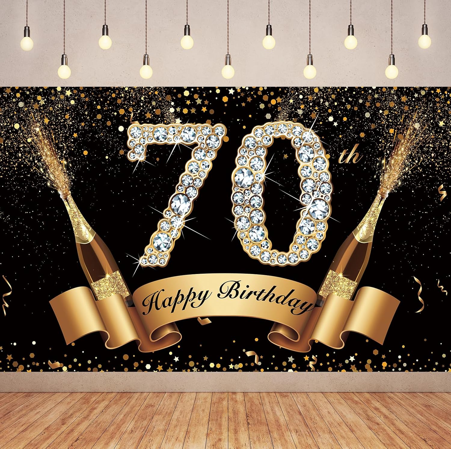 Amazon.com : 6x3.6FT Black Gold Happy 70th Birthday Backdrop ...