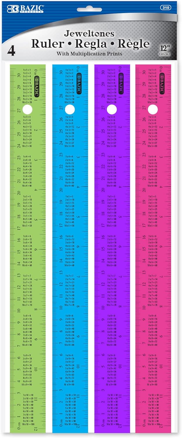 BAZIC Products Plastic Ruler 12" (30cm) w/Multiplication Table, Inches ...