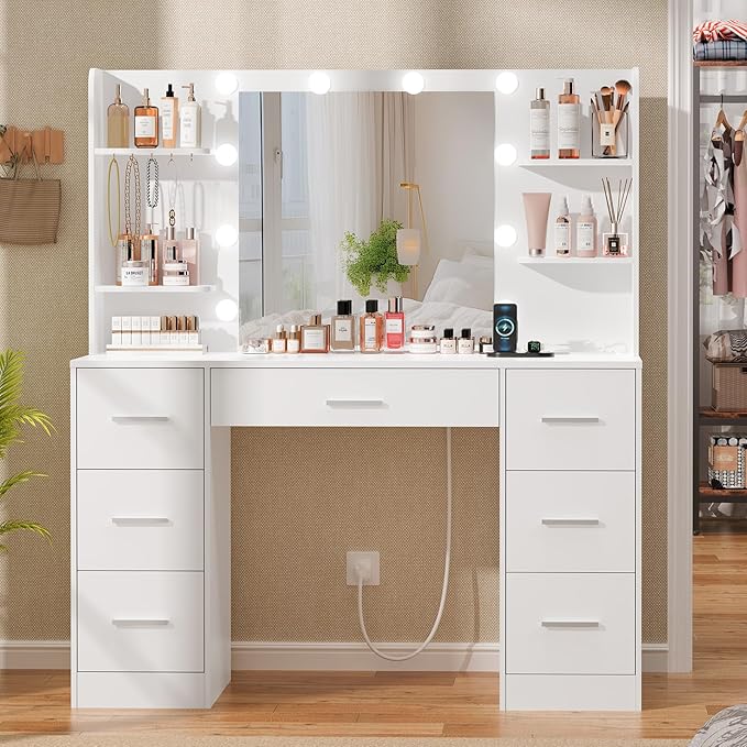 Amazon.com: Quimoo Large Vanity Desk with LED Lighted Mirror & Power Outlet,Makeup Vanity Table ...