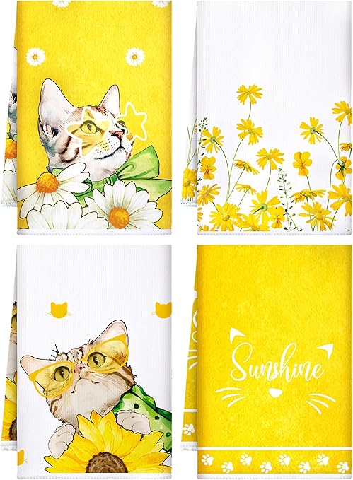 Amazon.com: Bencailor 4 Pcs Cat Kitchen Towels Yellow Floral Cute Kitty ...