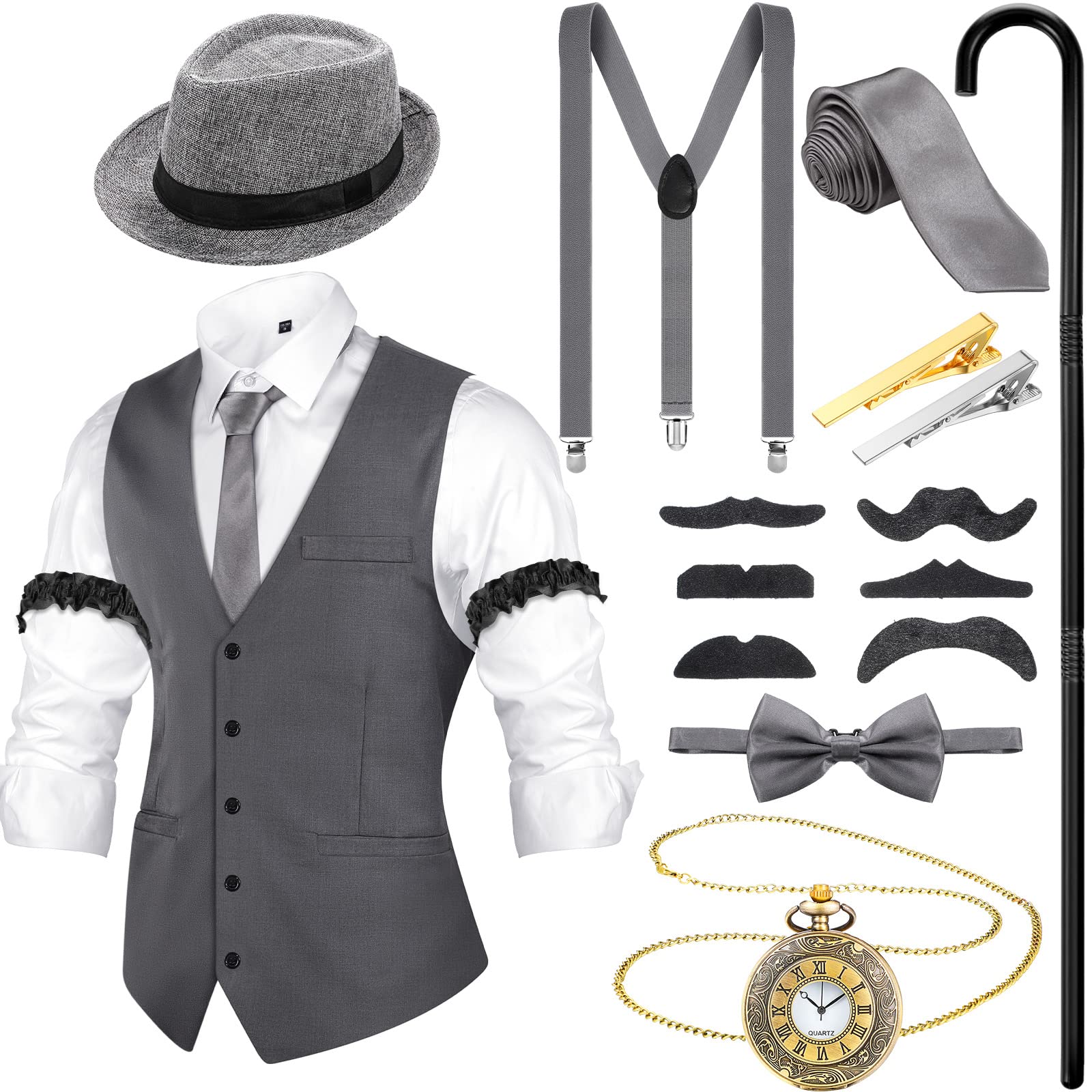 Hercicy 1920s Men's Costume Accessories Set, Gangster Vest Fedora Hat ...