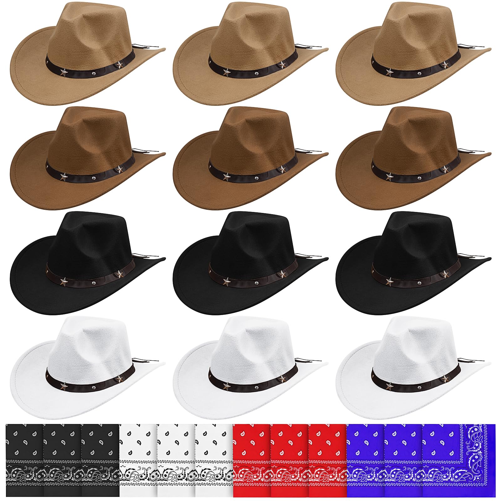 24 Pcs Cowboy Hats and Bandanas Set Felt Rodeo Texan Western Cowgirl ...