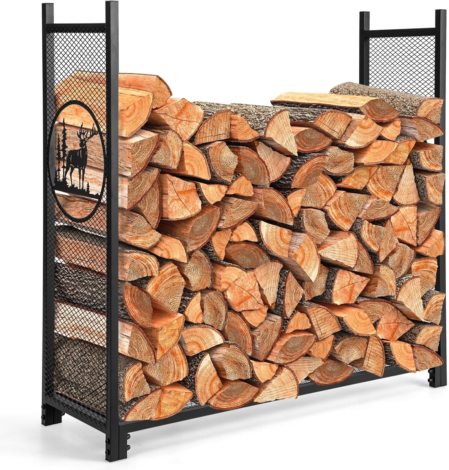COSTWAY Firewood Rack, Heavy Duty Metal Fireplace Log Holder with Mesh ...