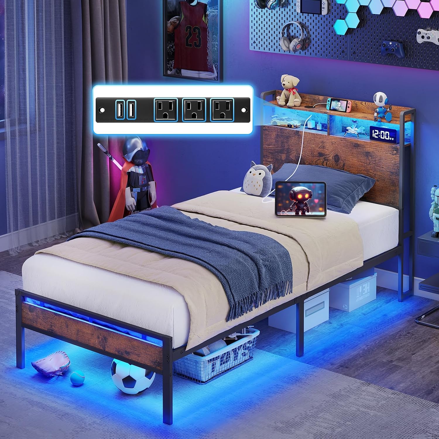Amazon.com: KKL Twin Bed Frames, Storage Headboard with Charging ...