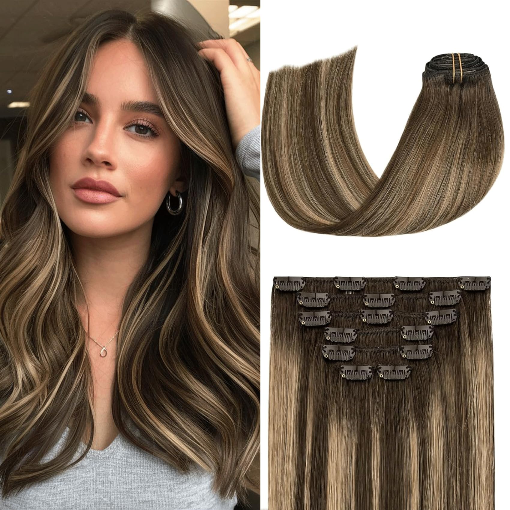 Amazon.com : Aison Caramel Clip in Extensions Real Human Hair Chocolate ...