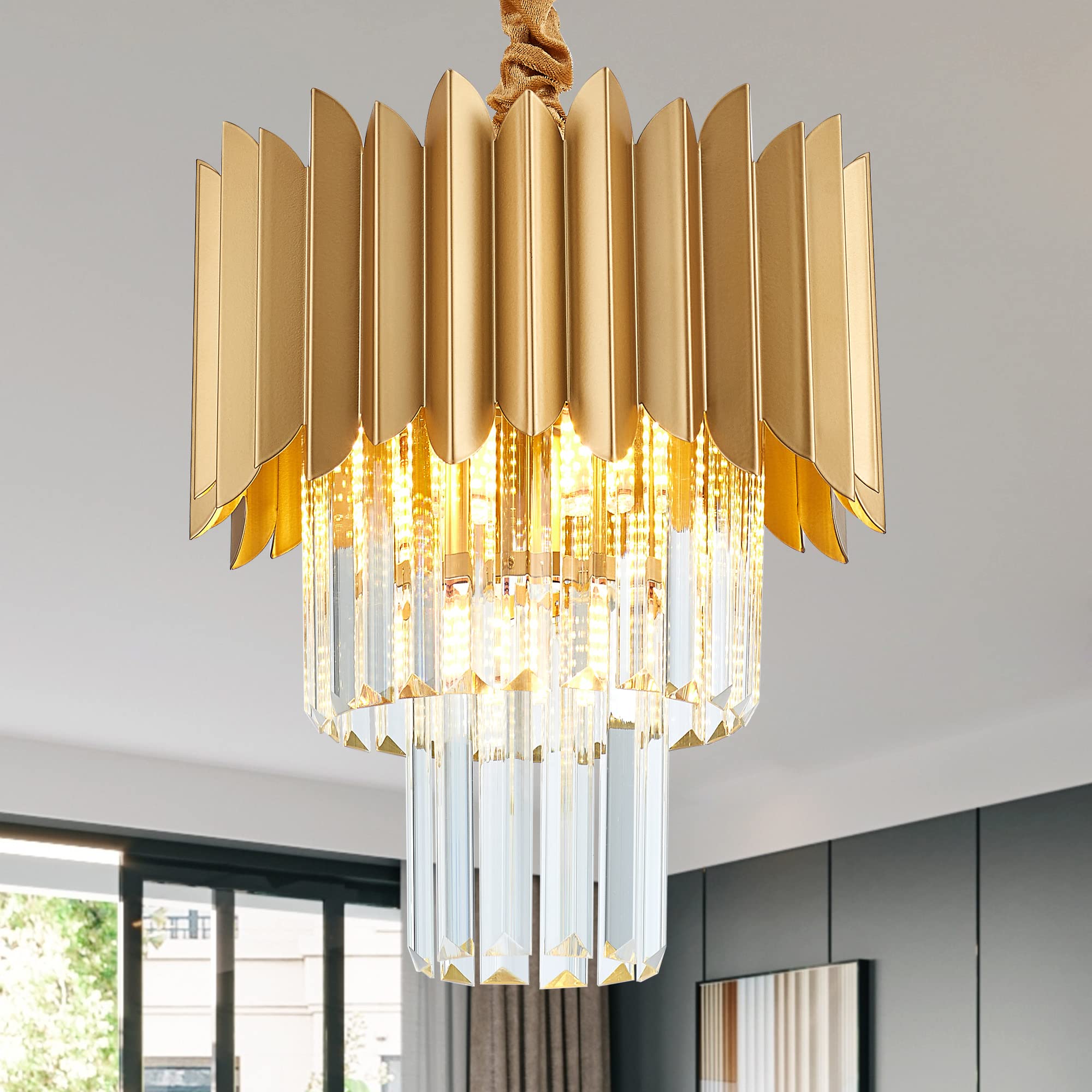 Faibra 11" Gold Crystal Pendant Light,4-Light 3-Tier Luxury Crystal ...