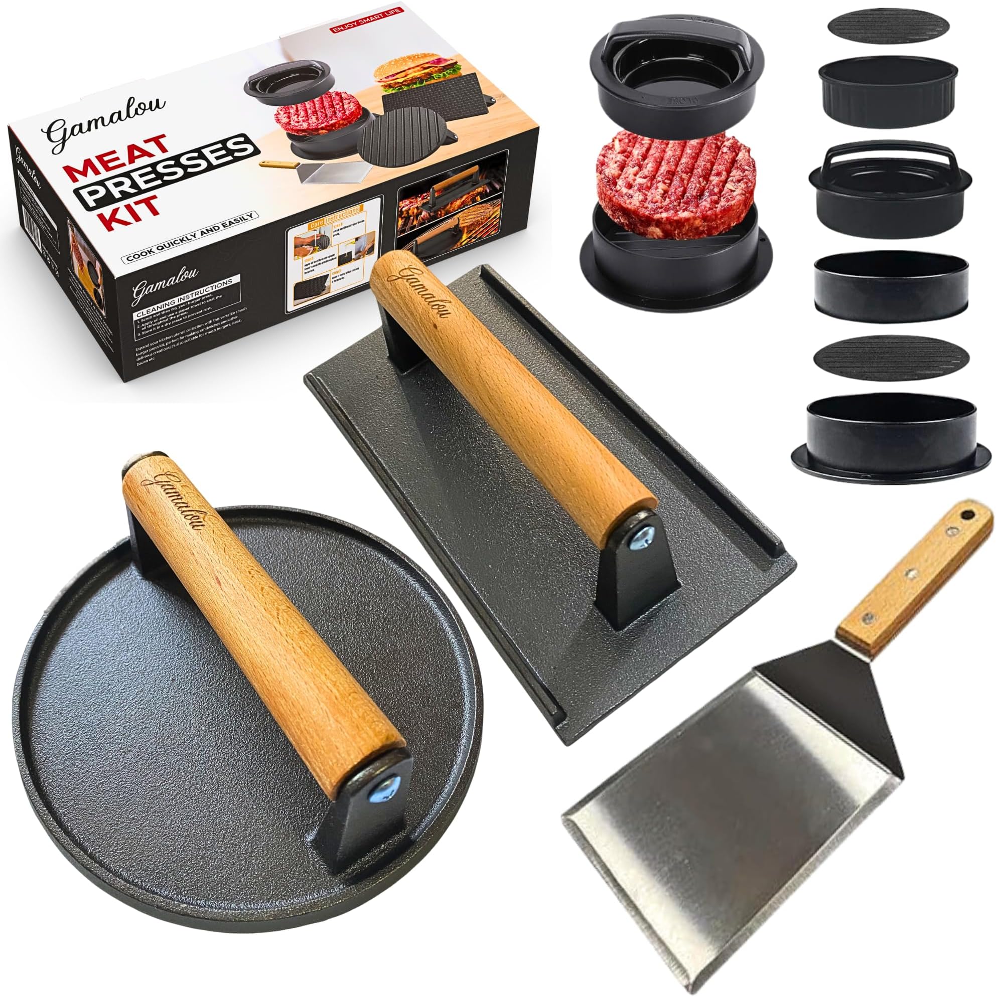 Amazon.com: GAMALOU Smashed Burger Press BBQ Kit: 7" Round & 8.2x4.3 ...