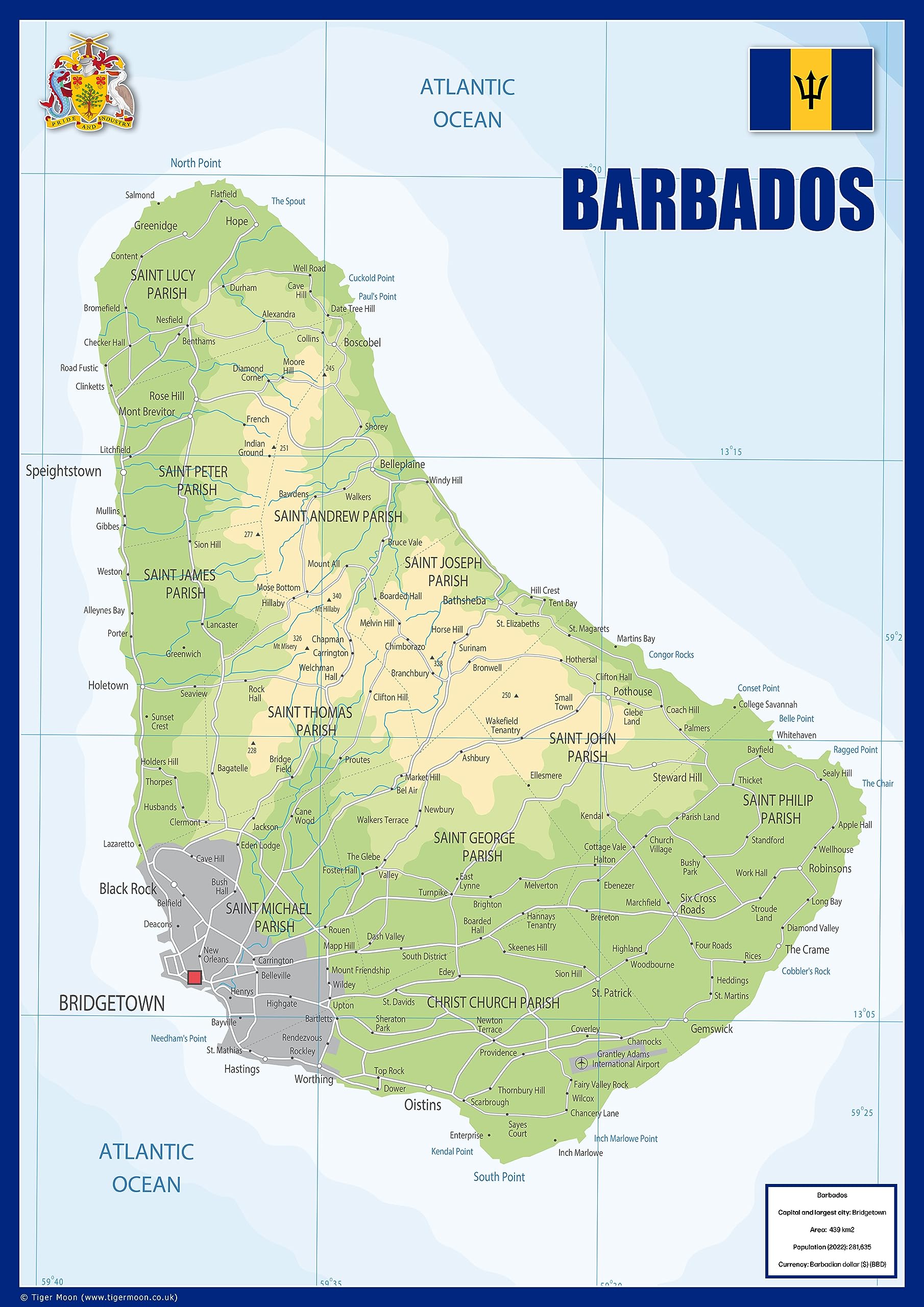 Physical Map of Barbados - The Oxford Collection - Size A1 - Paper ...