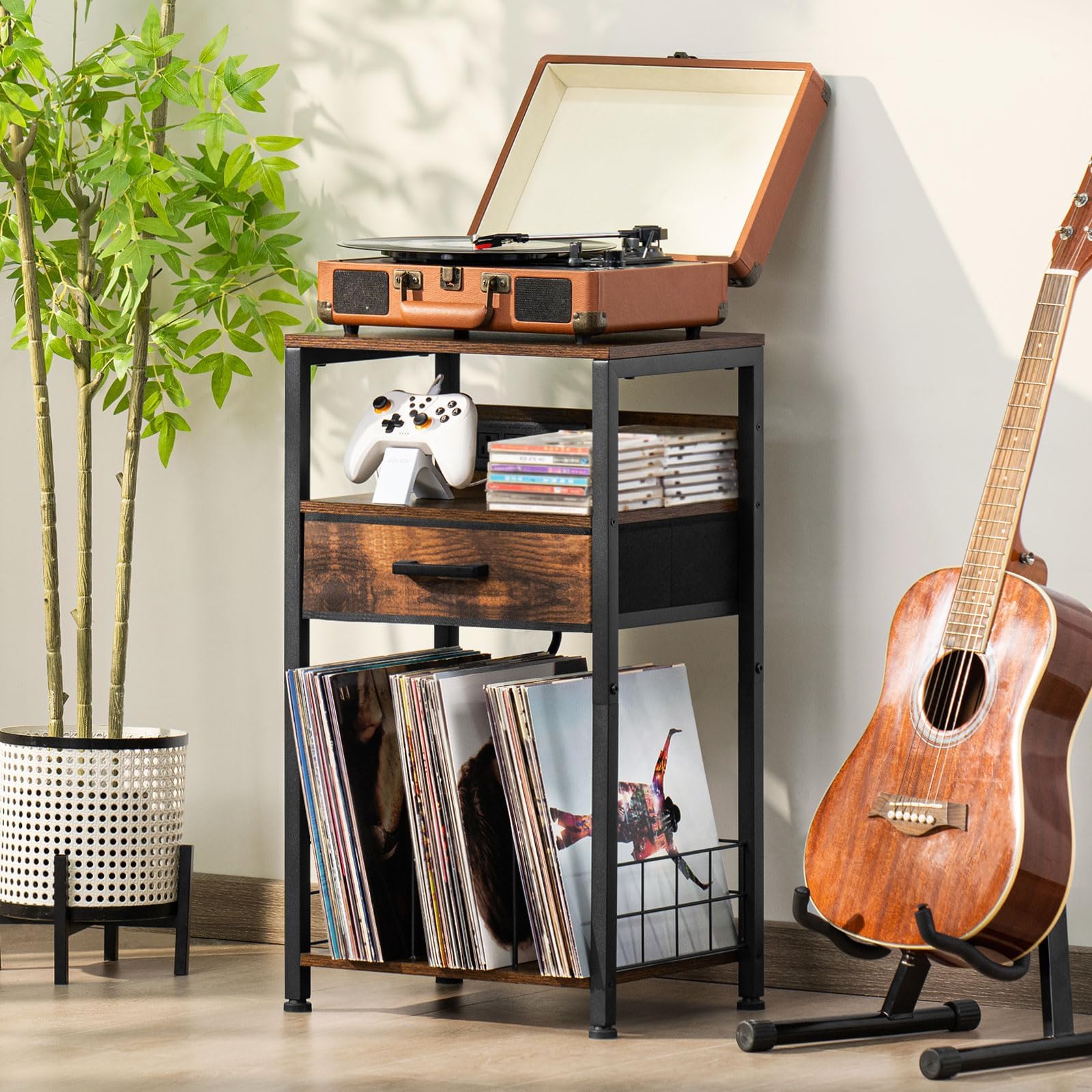 Amazon.com: LELELINKY Record Player Stand with Fabric Drawer, 3 Tier AV ...