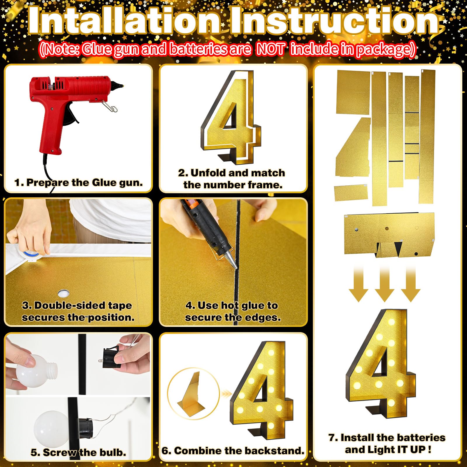Snapklik.com : Marquee Numbers 4, 4FT Light Up Numbers Black Gold Large ...