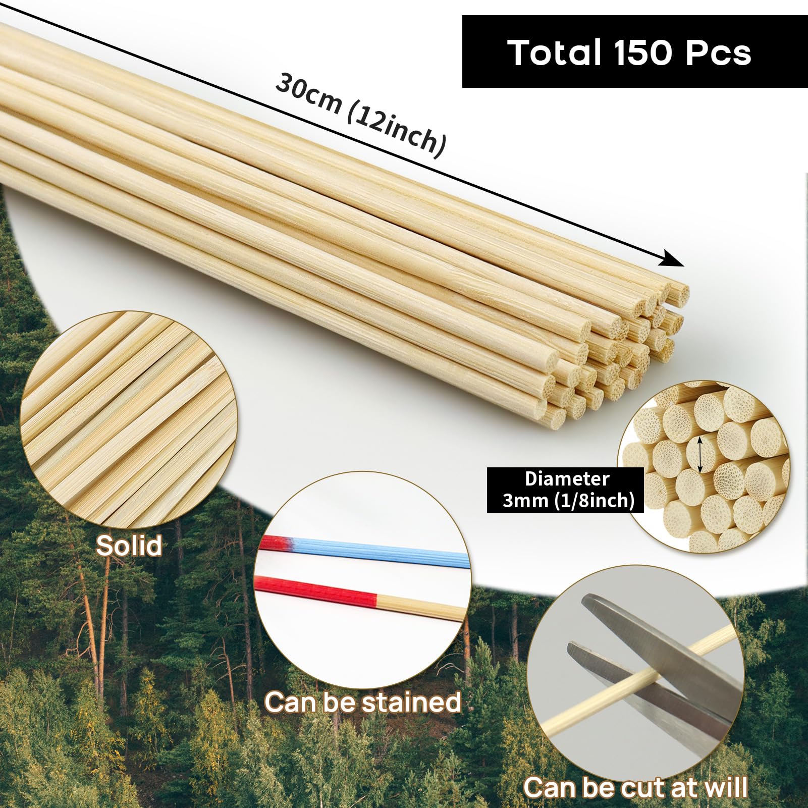 Snapklik.com : 1/8 X 12 Inch Wooden Dowel Rods, 150Pcs Unfinished Dowel ...