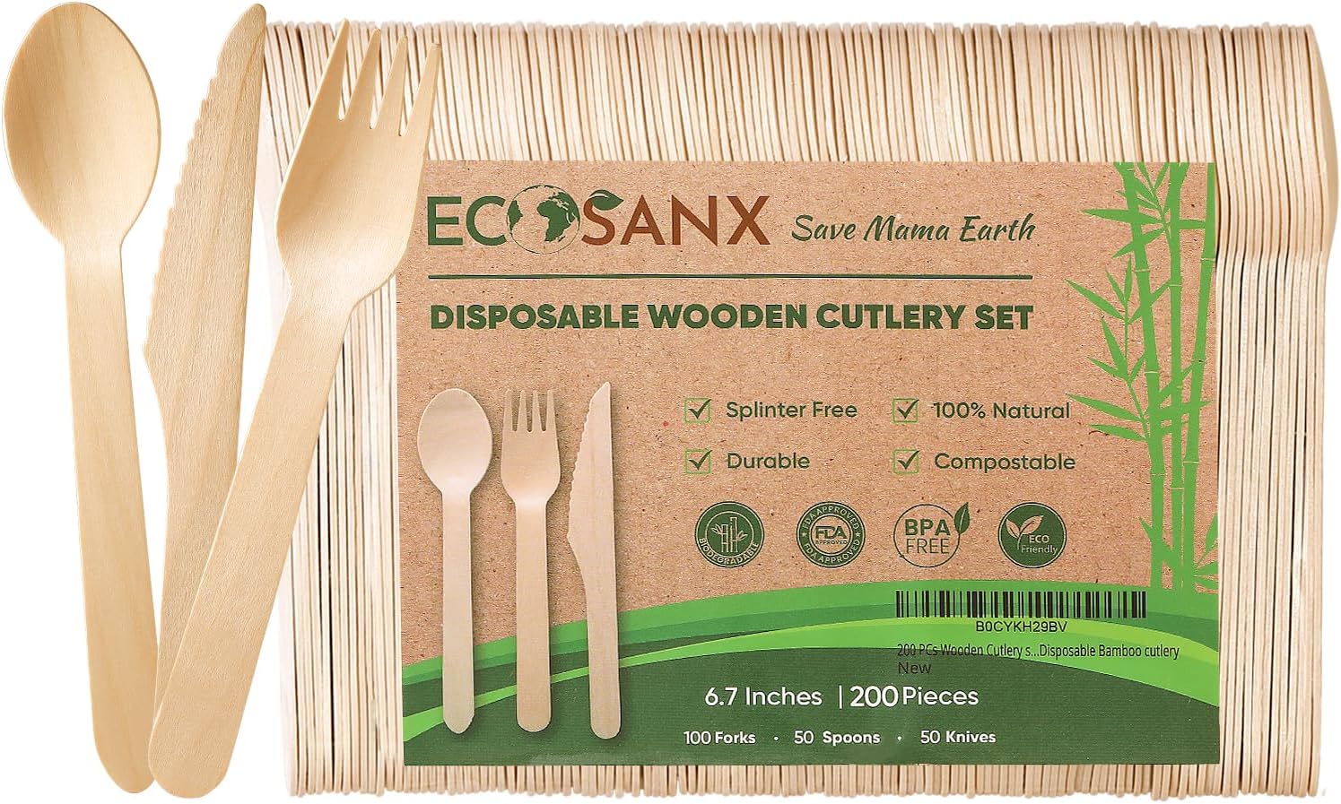 Amazon.com: ECOSANX® 200 PCs Disposable Wooden Cutlery set 6.5 ...