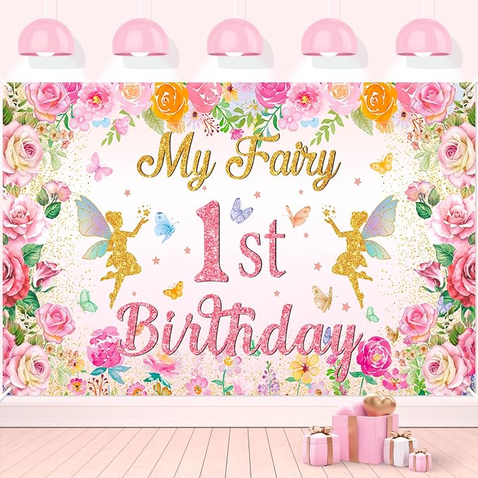 Amazon.com: My Fairy 1st Birthday Banner Pink Gold Glitter Floral Fairy ...