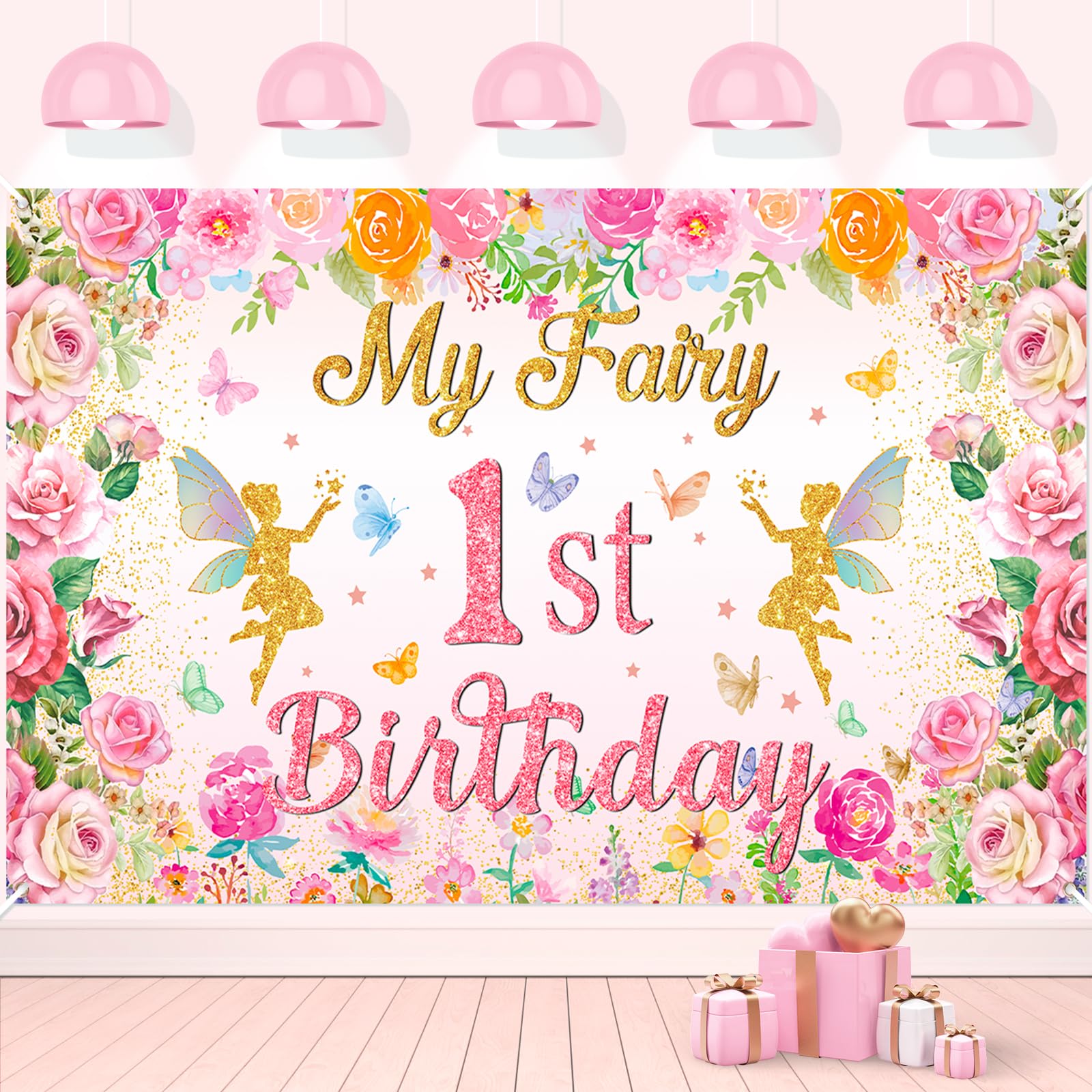 Amazon.com: My Fairy 1st Birthday Banner Pink Gold Glitter Floral Fairy ...