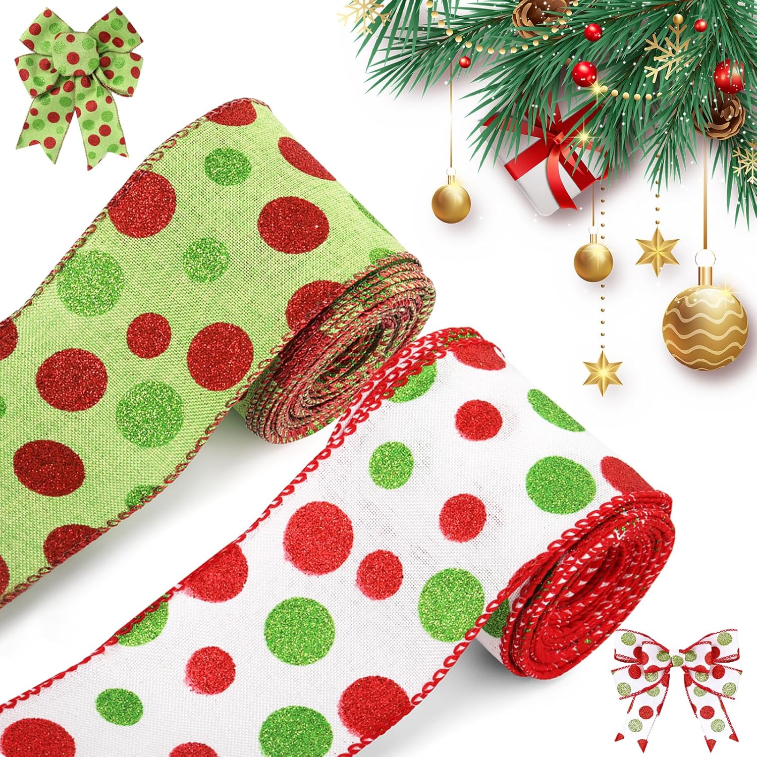 Amazon.com: Christmas Ribbon Wired Xmas Glitter Wired Ribbons 2.5 Inch ...